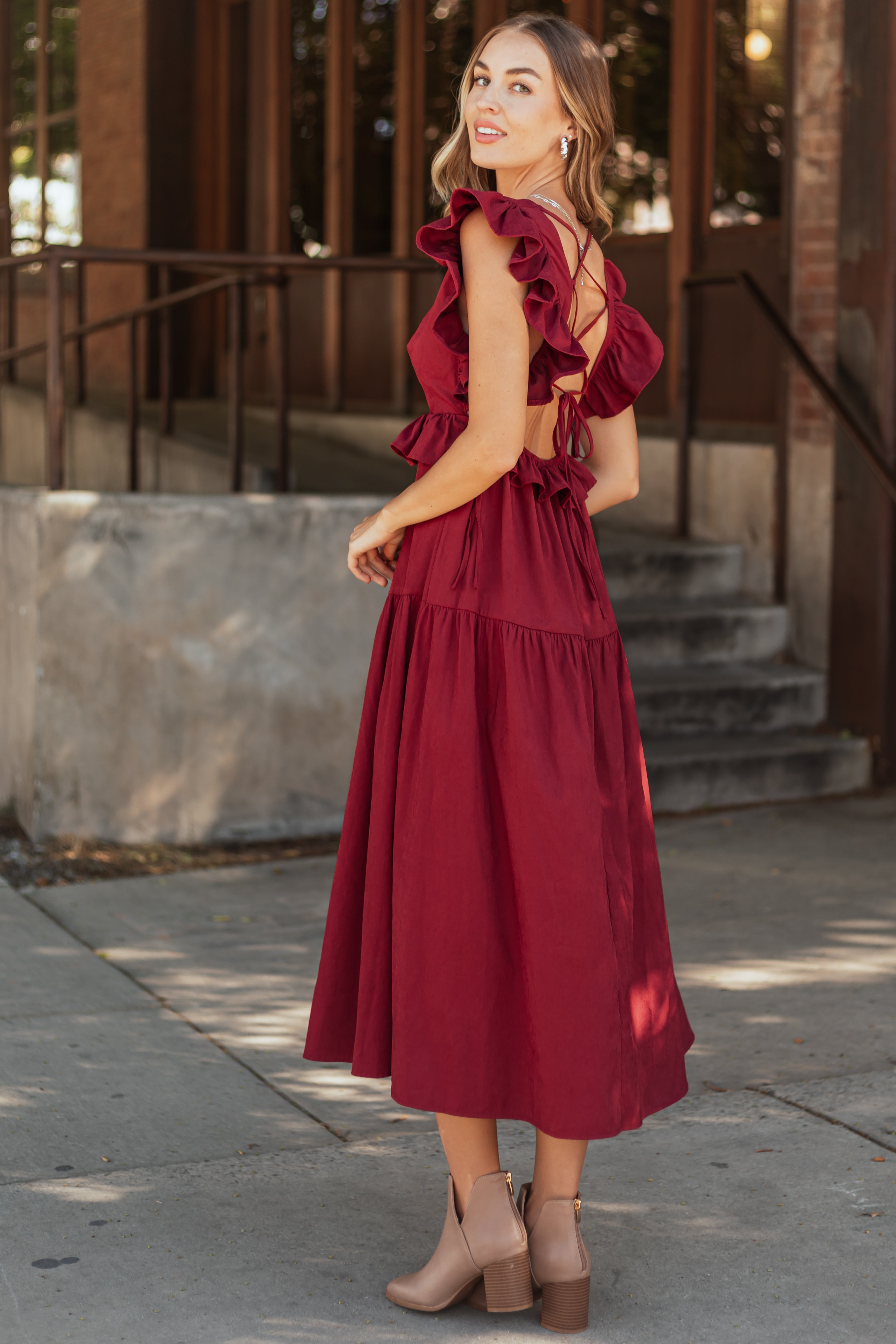 Maroon Ruffle Sleeve Midi Dress with Back Tie | Lime Lush Boutique