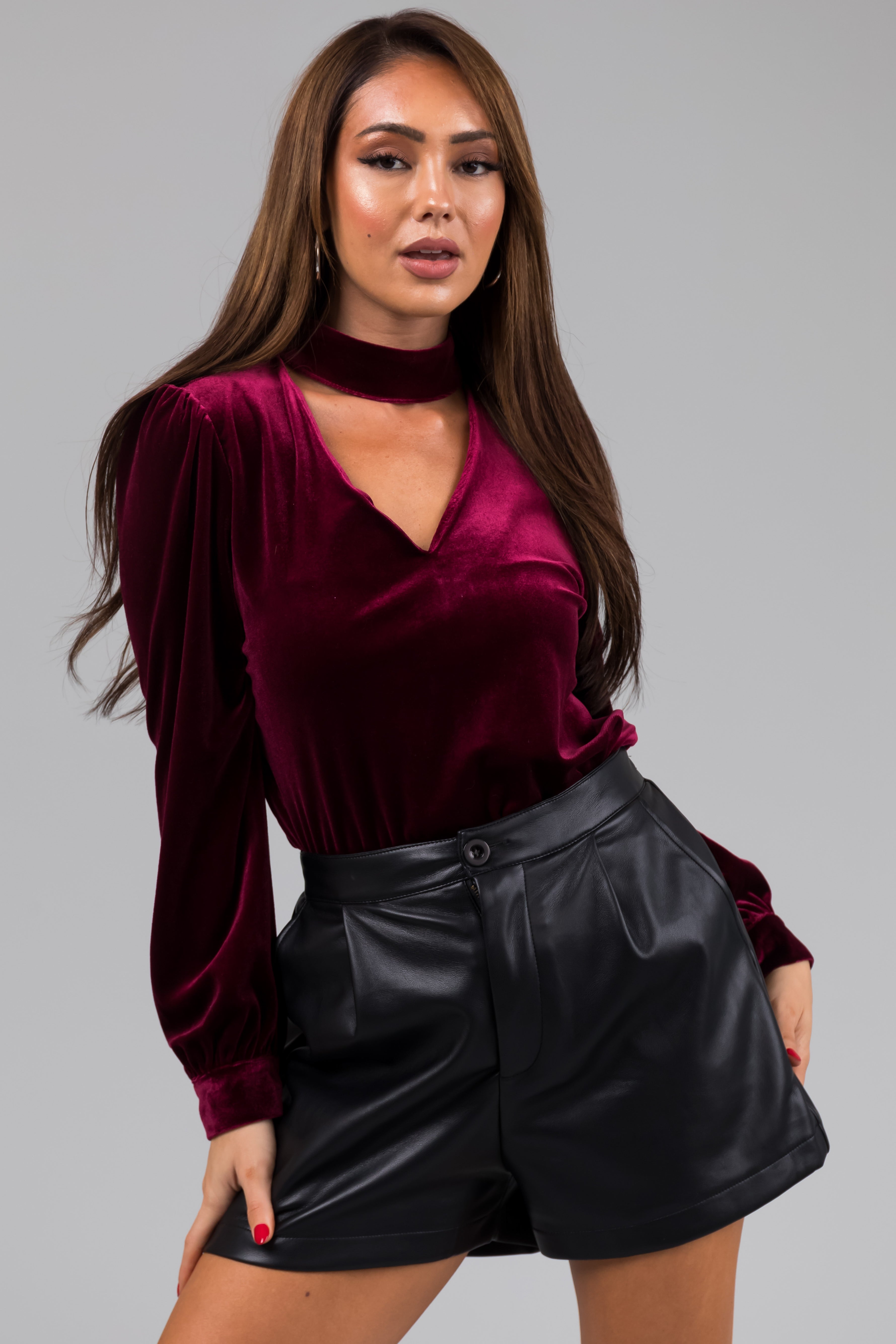 Wine Velvet Collared V Neck Cut Out Top | Lime Lush