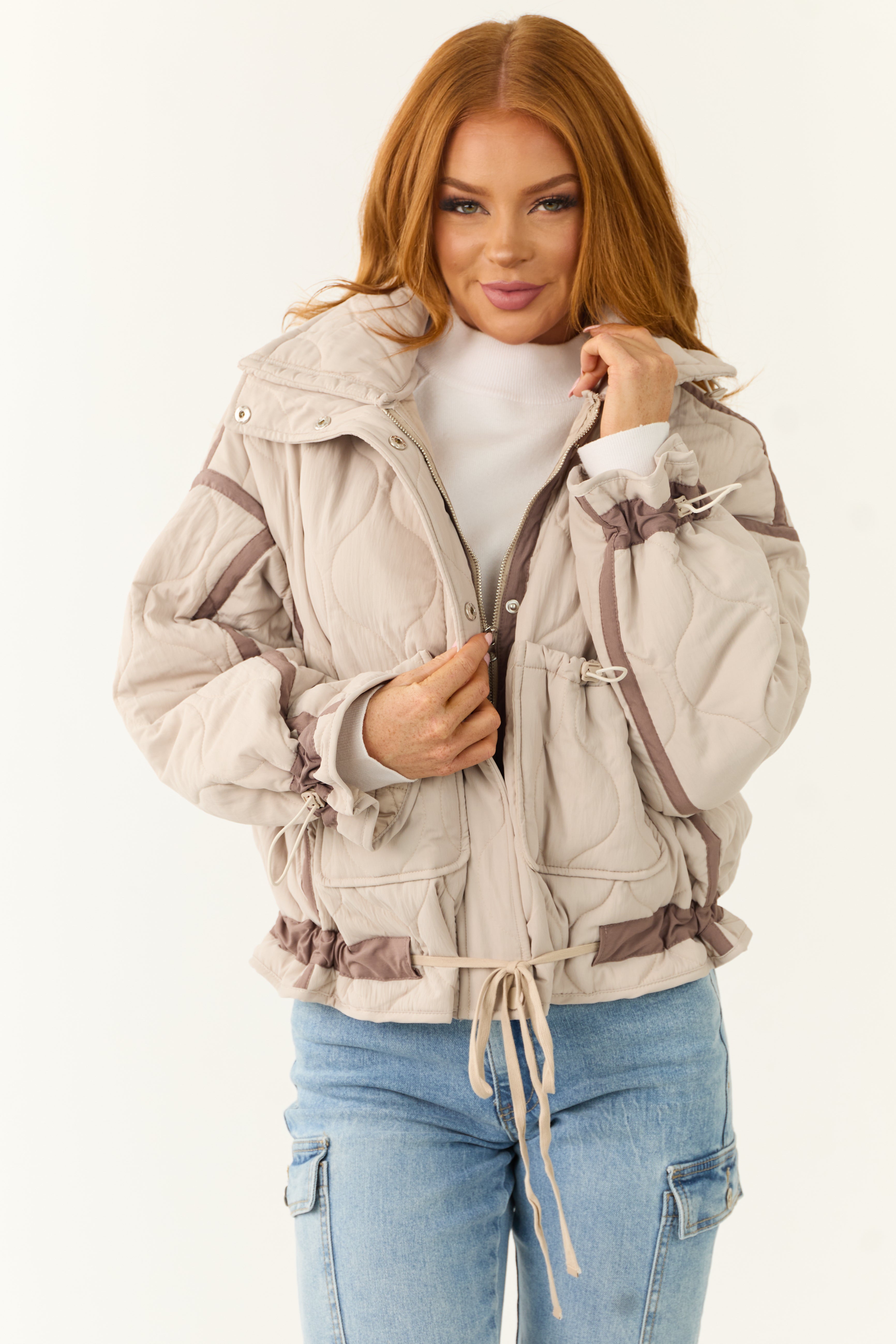 Almond Button Down Collared Puffer Jacket | Lime Lush Boutique