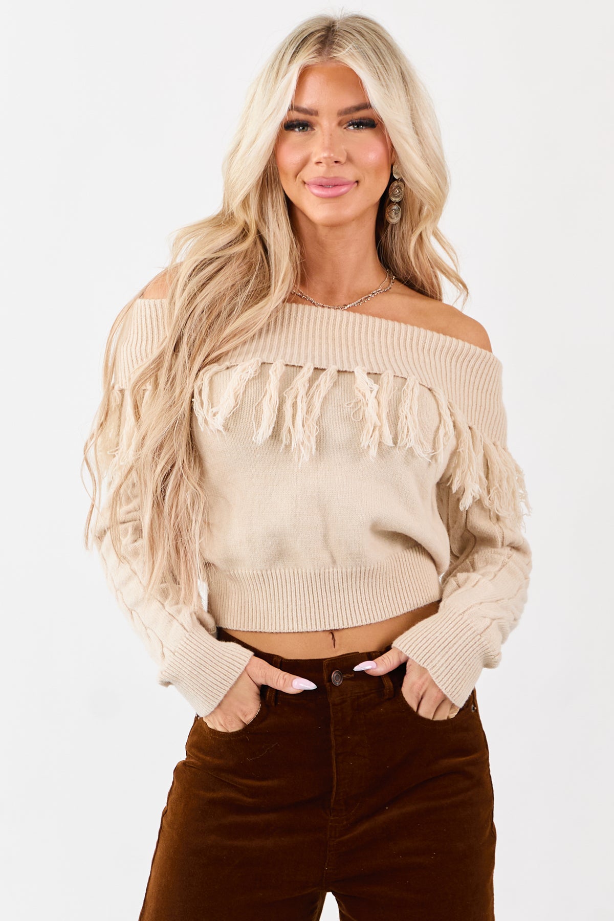 Almond Cable Knit Off Shoulder Tassel Sweater | Lime Lush Boutique