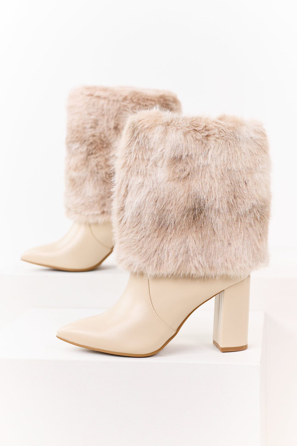 Almond Faux Fur Overlay Faux Leather Heel Booties | Lime Lush Boutique