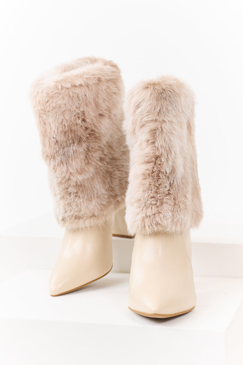 Almond Faux Fur Overlay Faux Leather Heel Booties | Lime Lush Boutique