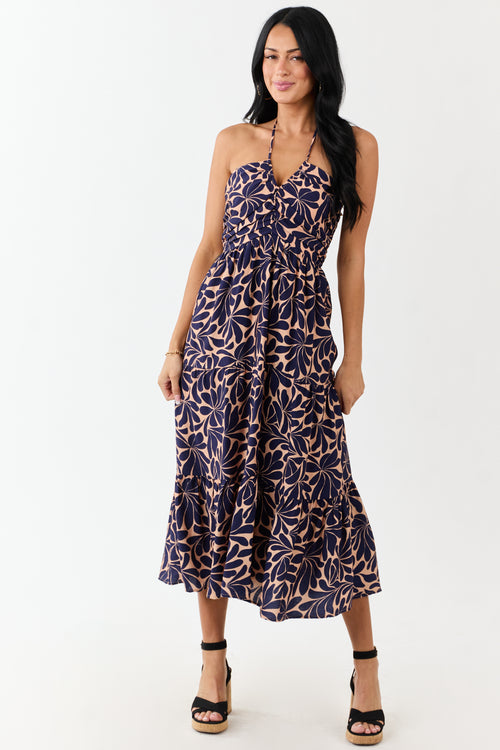 Apricot Botanical Abstract Print Halter Maxi Dress | Lime Lush Boutique