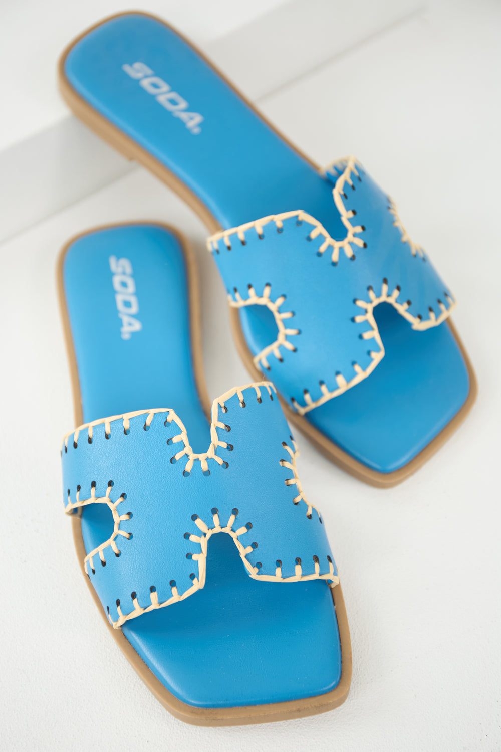 Azure Straw Trim Cut Out Strap Slide Sandals | Lime Lush Boutique