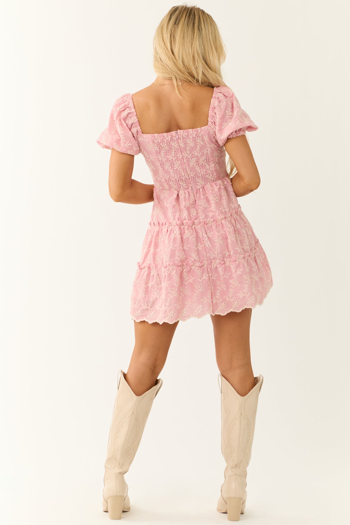 Baby Pink Floral Eyelet Puff Sleeve Tiered Mini Dress | Lime Lush Boutique