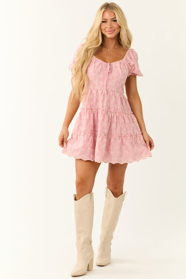 Baby Pink Floral Eyelet Puff Sleeve Tiered Mini Dress | Lime Lush Boutique