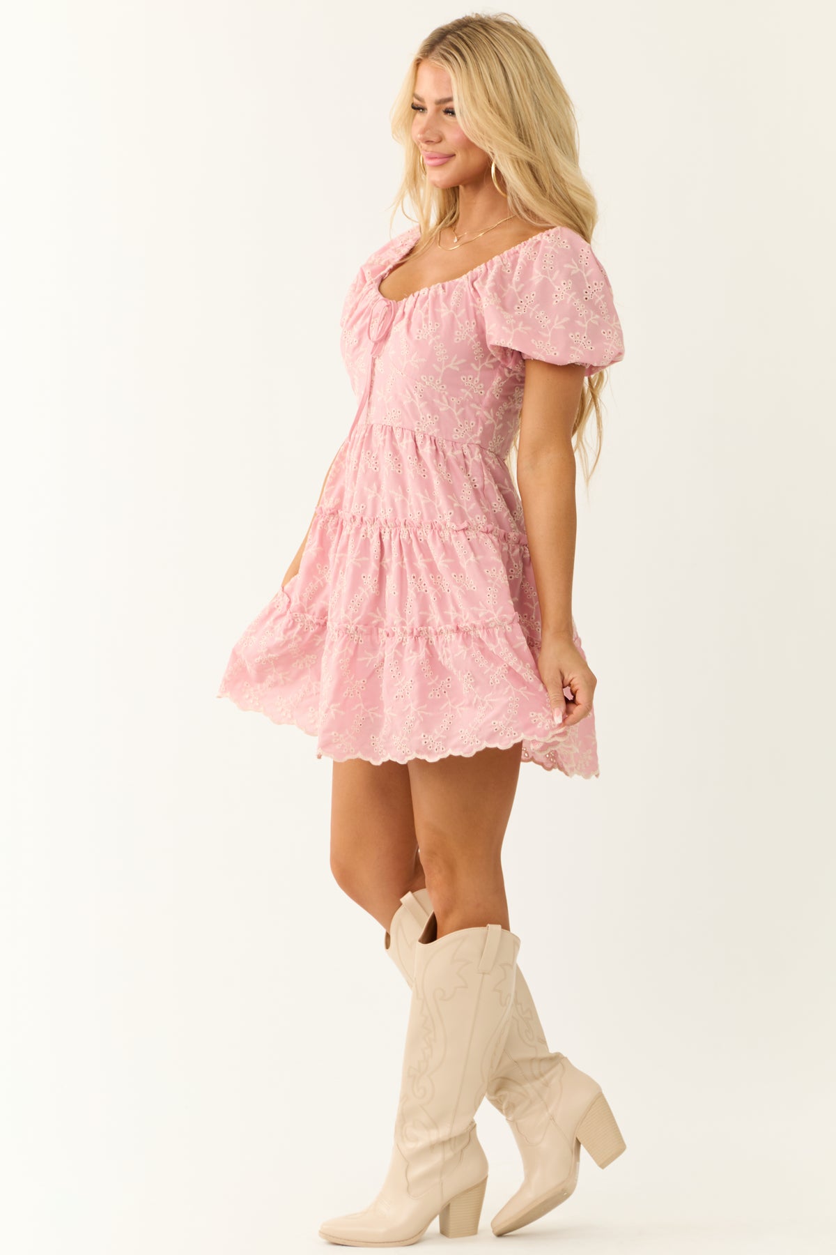 Baby Pink Floral Eyelet Puff Sleeve Tiered Mini Dress | Lime Lush Boutique