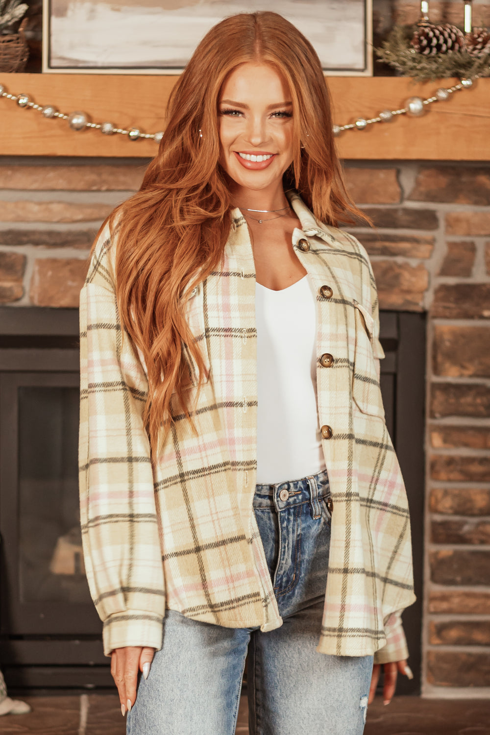 Beige Plaid Button Up Collared Shacket | Lime Lush Boutique