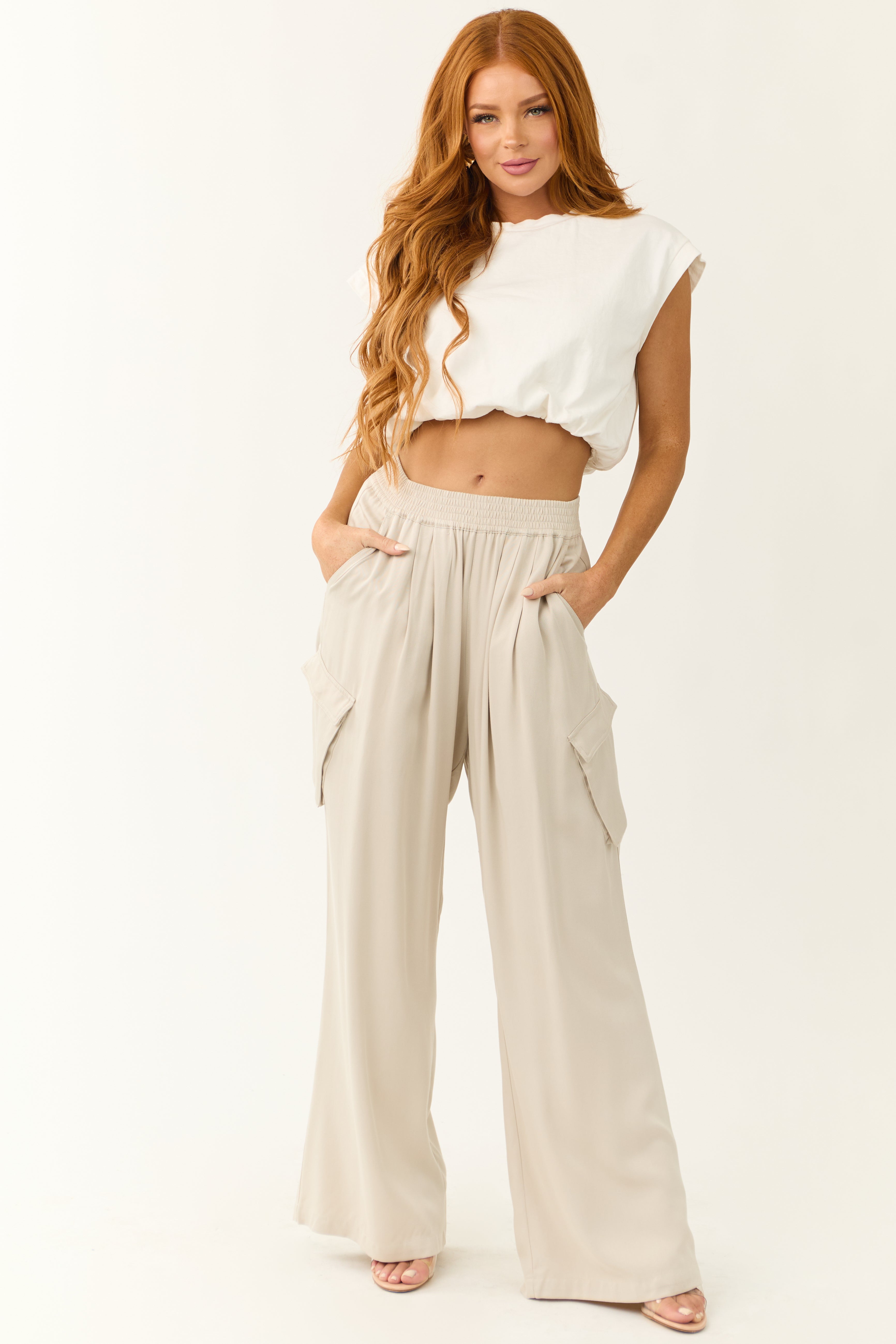Cloud Wide Leg Smocked Waist Cargo Pants | Lime Lush Boutique