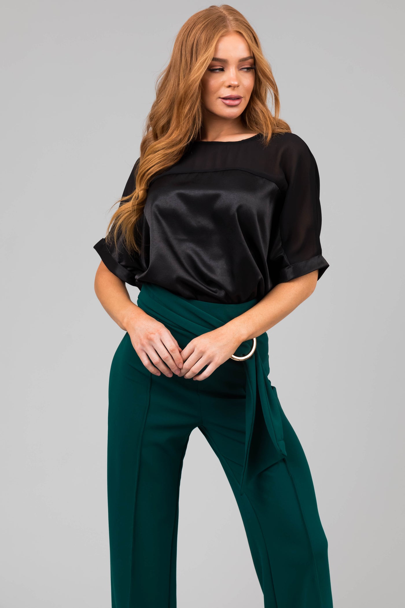 Black Contrast Yoke Cuffed Sleeve Satin Blouse Lime Lush Boutique