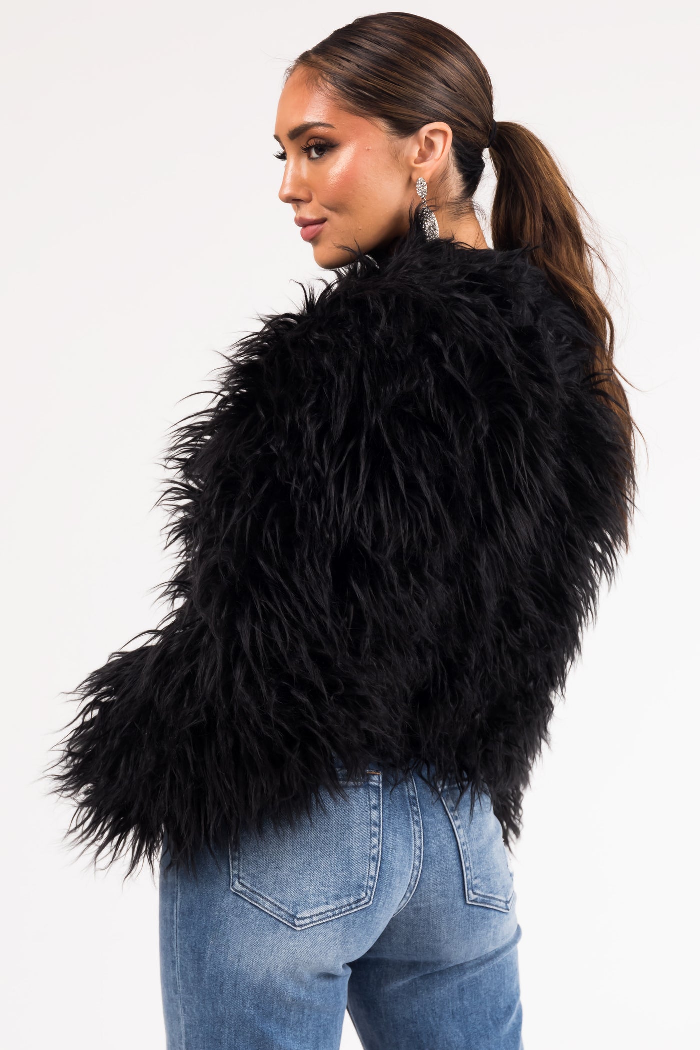Black Faux Fur Hook Closure Long Sleeve Jacket | Lime Lush