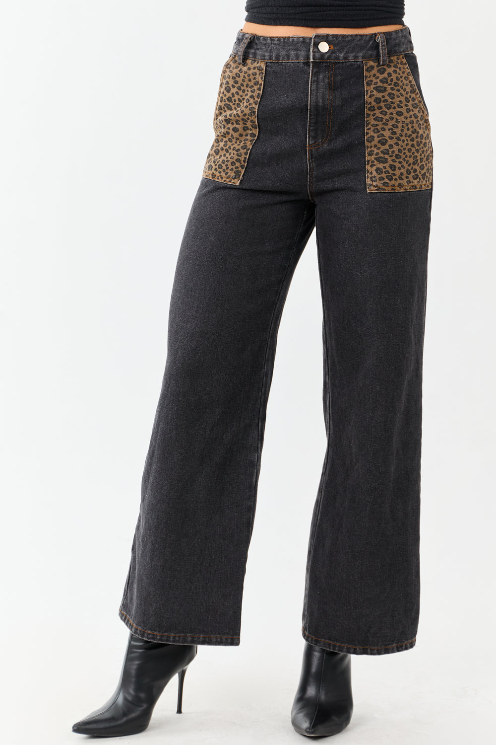 Black Leopard Print Paneling Wide Leg High Rise Jeans | Lime Lush Boutique