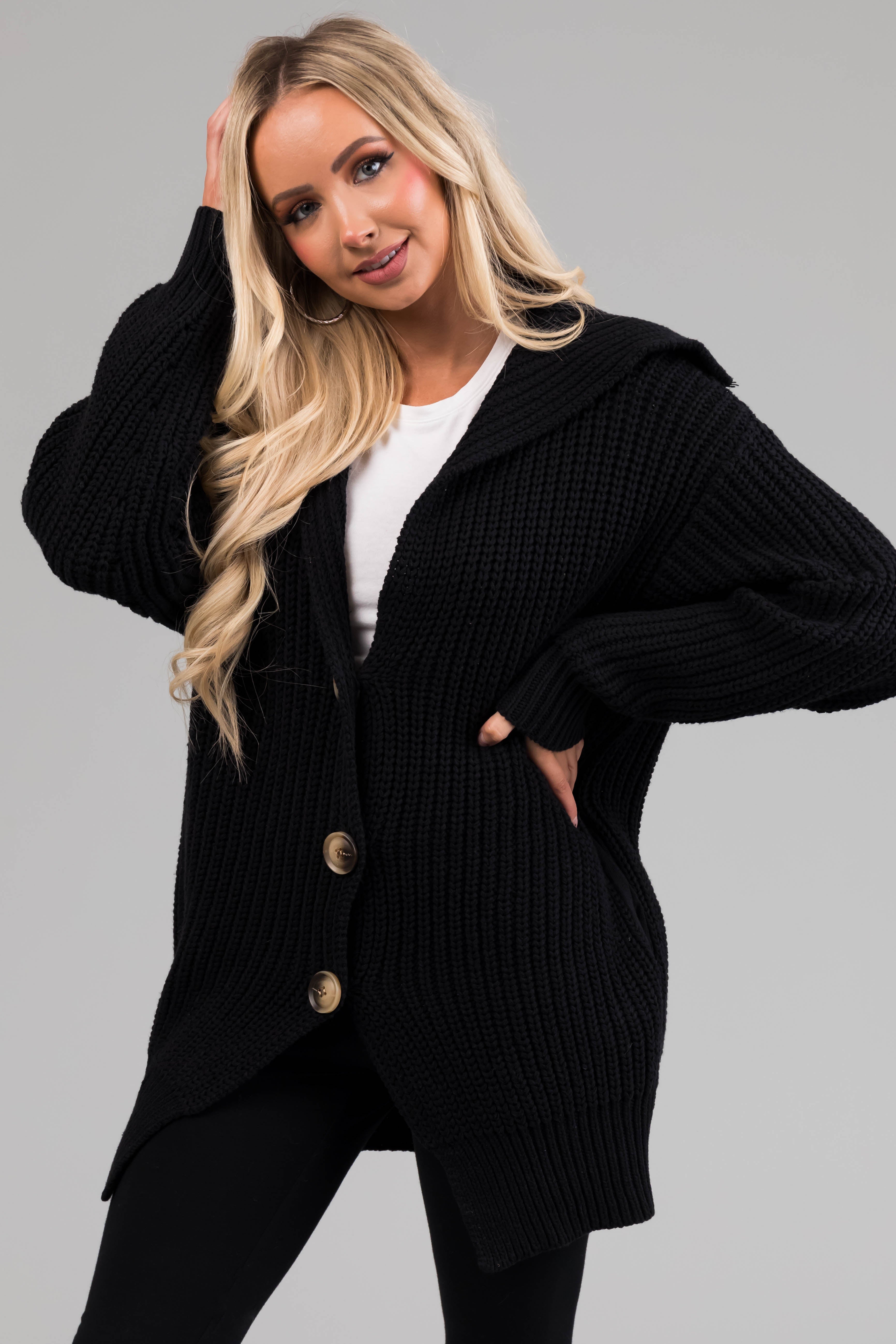 Black Long Sleeve Button Down Knit Cardigan | Lime Lush Boutique