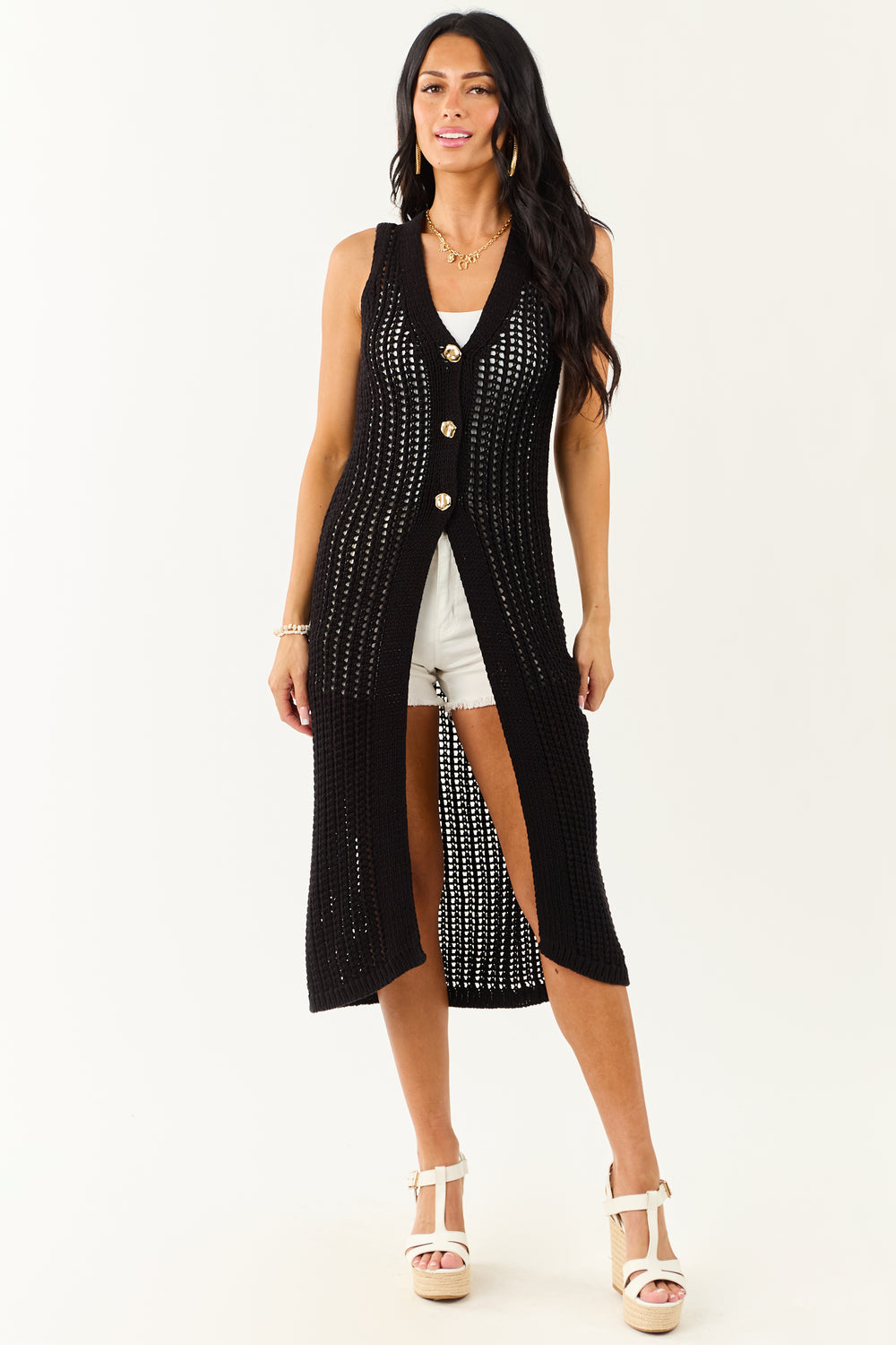 Black Open Knit Gold Buttoned Cotton Duster Vest | Lime Lush Boutique