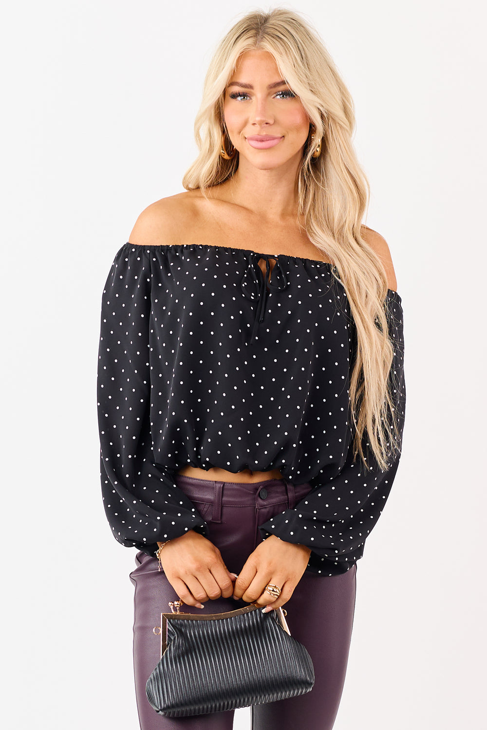 Black Polka Dot Off the Shoulder Bubble Hem Top | Lime Lush Boutique