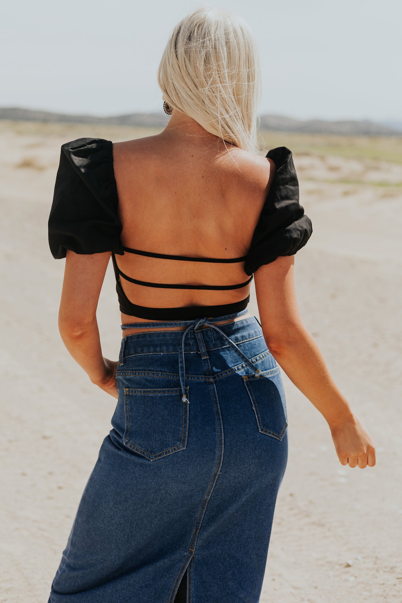 Black Puff Sleeve Strappy Open Back Crop Top | Lime Lush