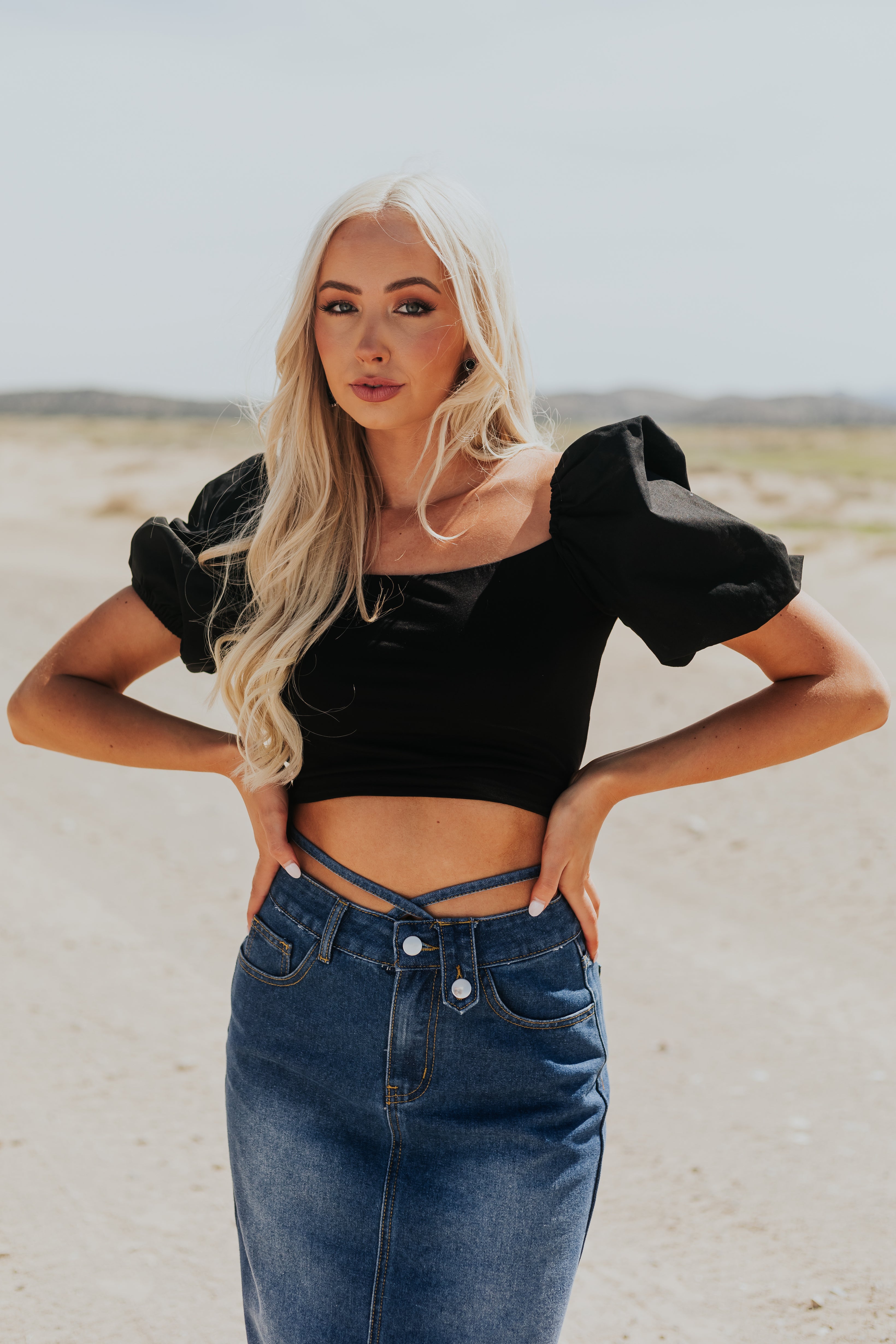 Black Puff Sleeve Strappy Open Back Crop Top | Lime Lush