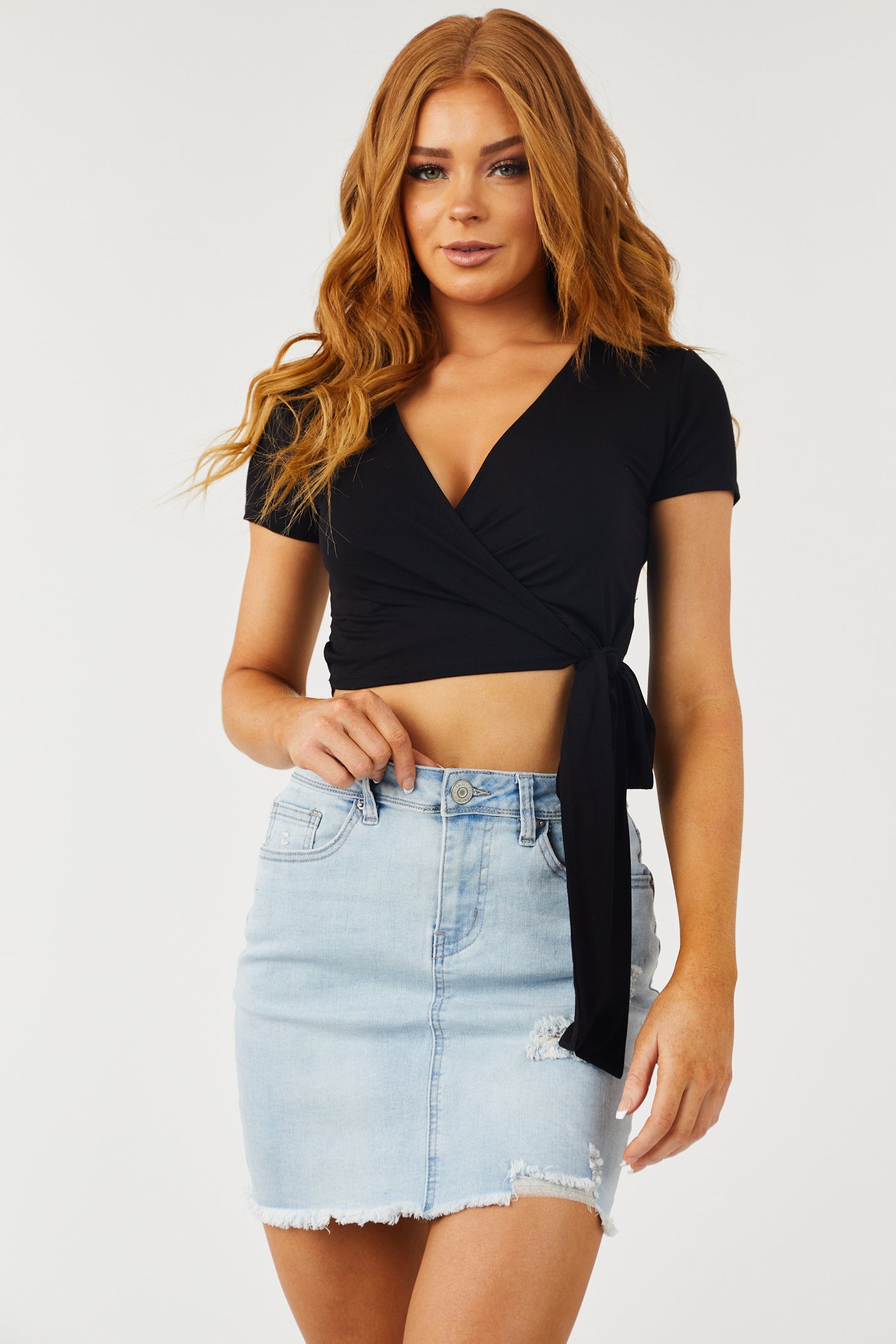 Black Short Sleeve Cropped Wrap Top | Lime Lush