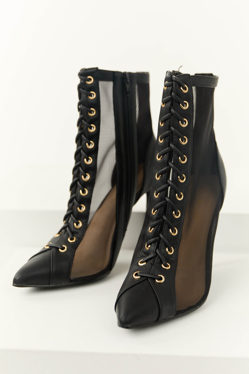 Black Sheer Mesh Lace Up Stiletto Booties | Lime Lush Boutique