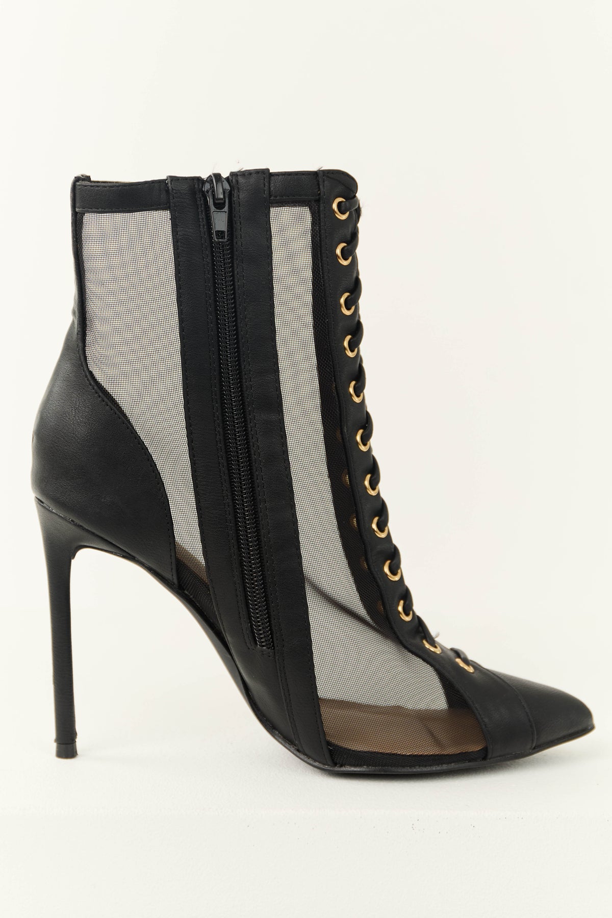 Black Sheer Mesh Lace Up Stiletto Booties | Lime Lush Boutique