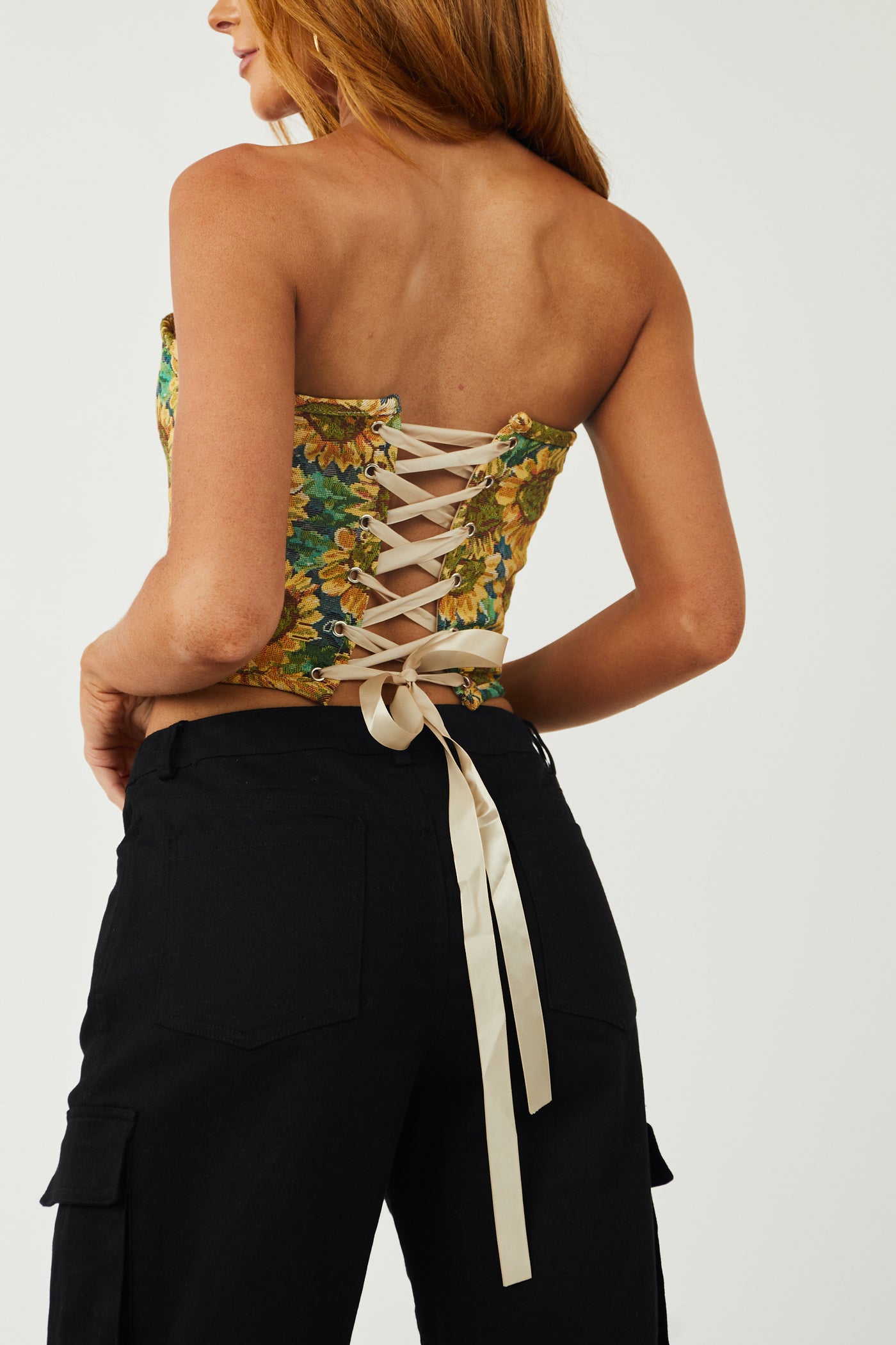 Canary Yellow Sunflower Lace Up Corset Top | Lime Lush