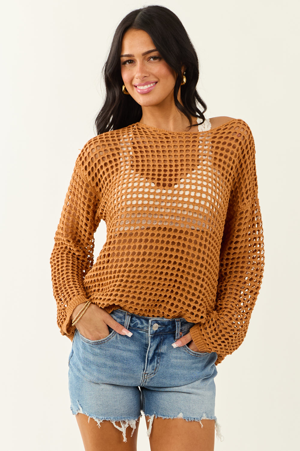 Caramel Open Crochet Round Neck Long Sleeve Top | Lime Lush Boutique