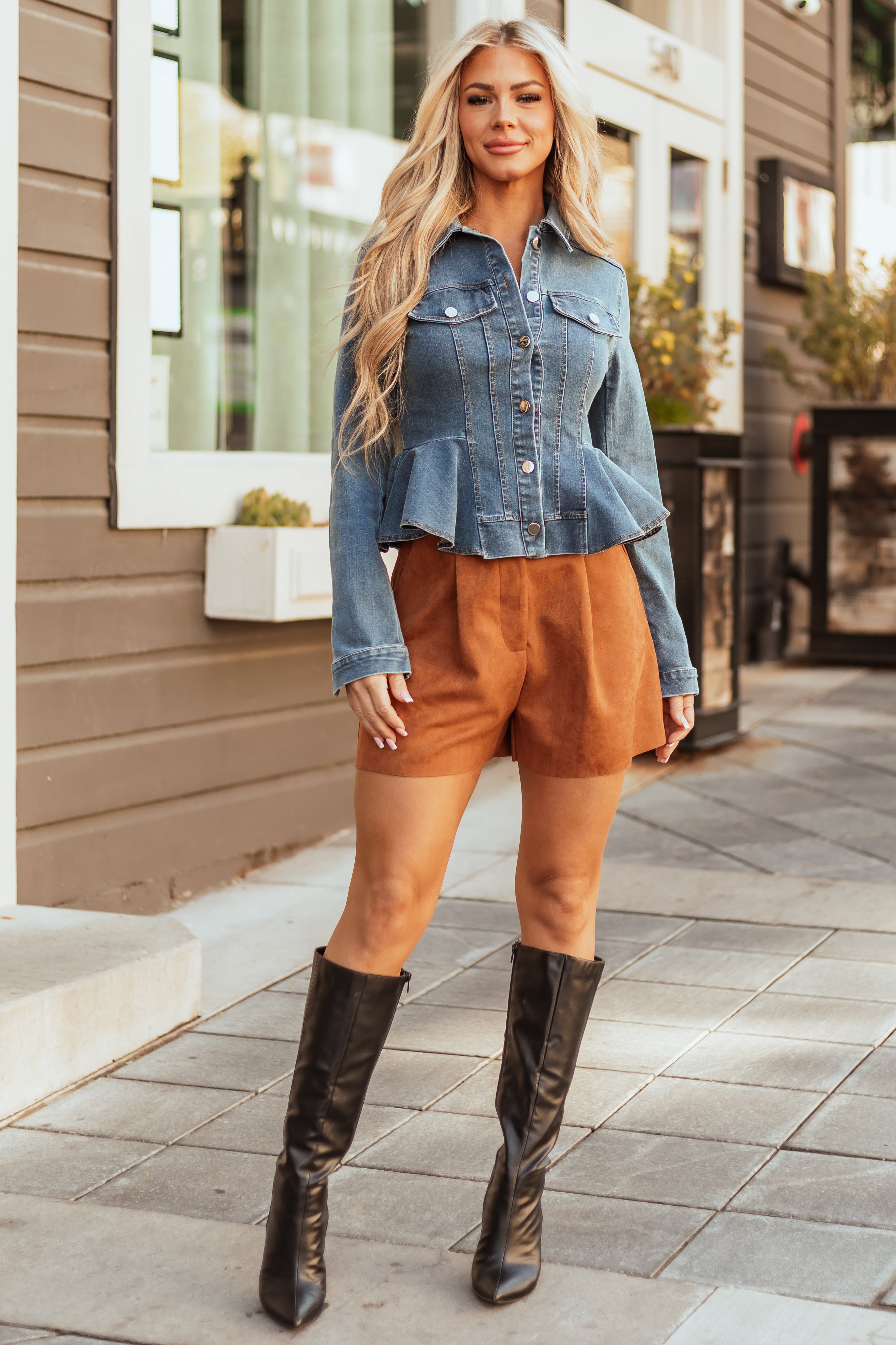 Caramel Faux Suede Raw Hem High Rise Shorts | Lime Lush Boutique