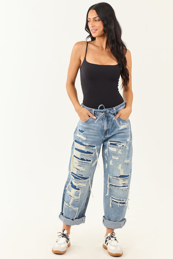 Cello Medium Wash Heavy Distressed Barrel Jeans | Lime Lush Boutique