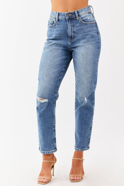Cello Medium Wash Lightly Distressed Straight Jeans | Lime Lush Boutique