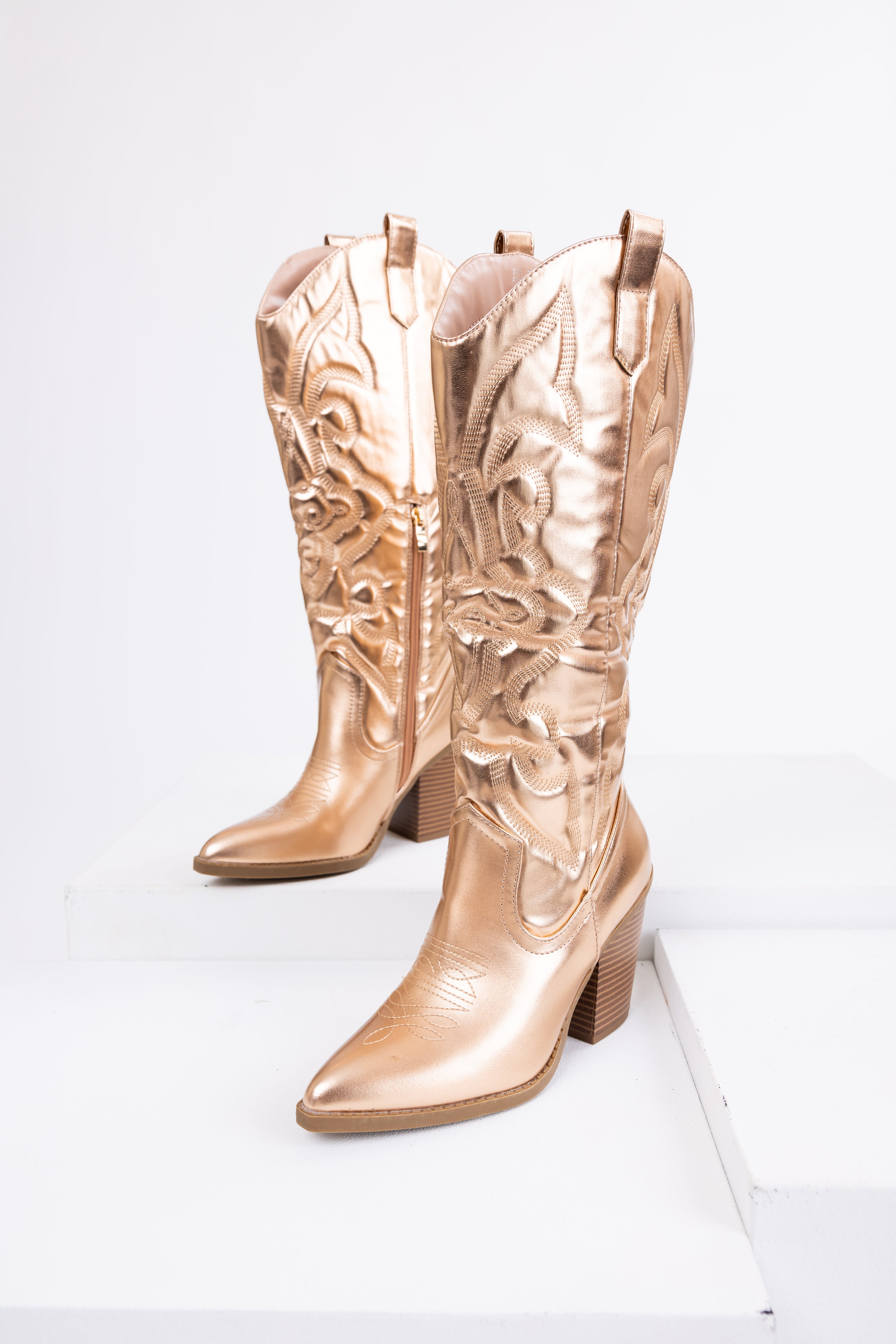 Champagne Faux Leather Metallic Western Boots | Lime Lush Boutique