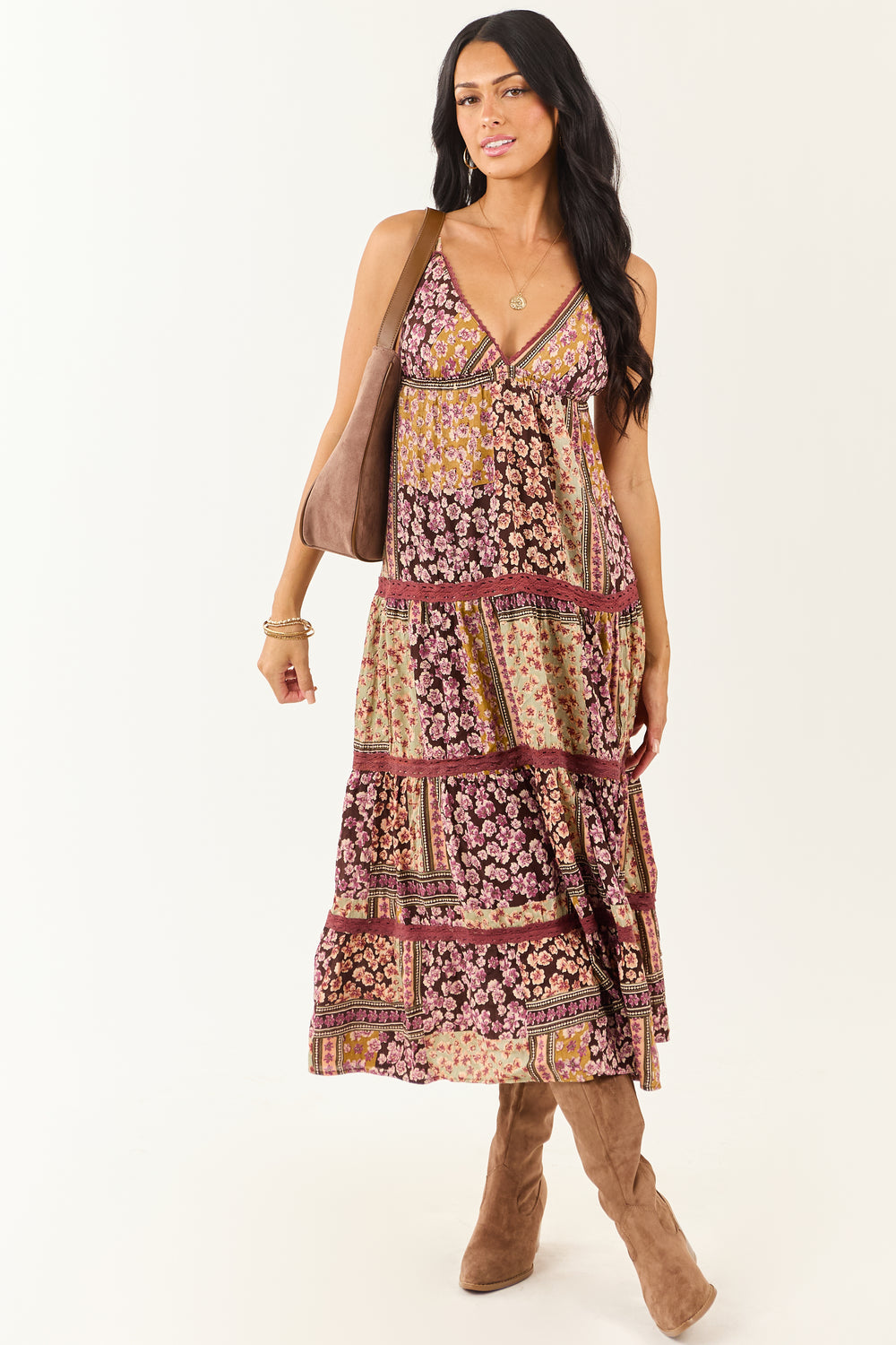 Cocoa Boho Patchwork Floral Babydoll Midi Dress | Lime Lush Boutique