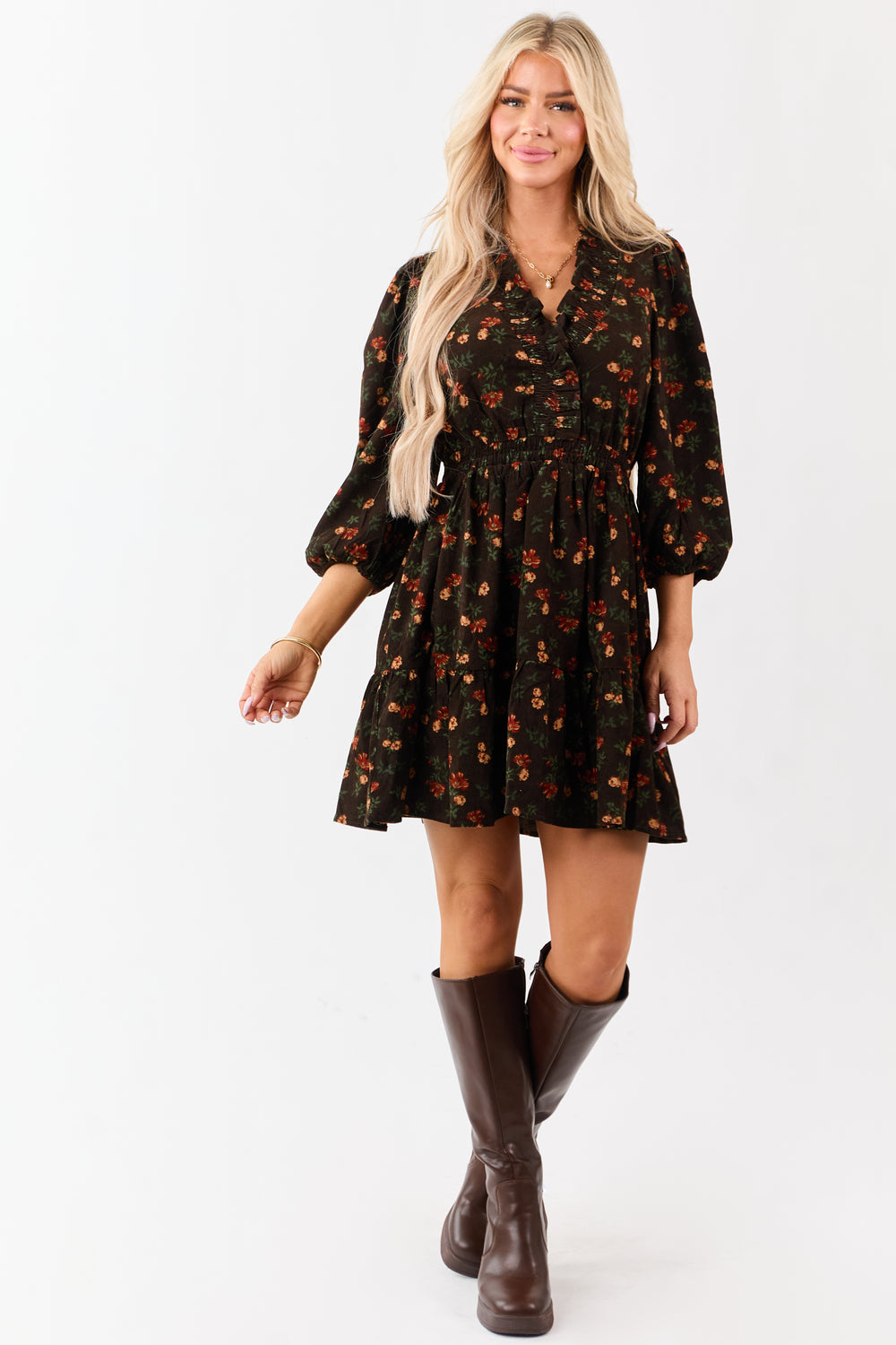 Cocoa Floral Print Ruffle Neckline Corduroy Mini Dress | Lime Lush Boutique