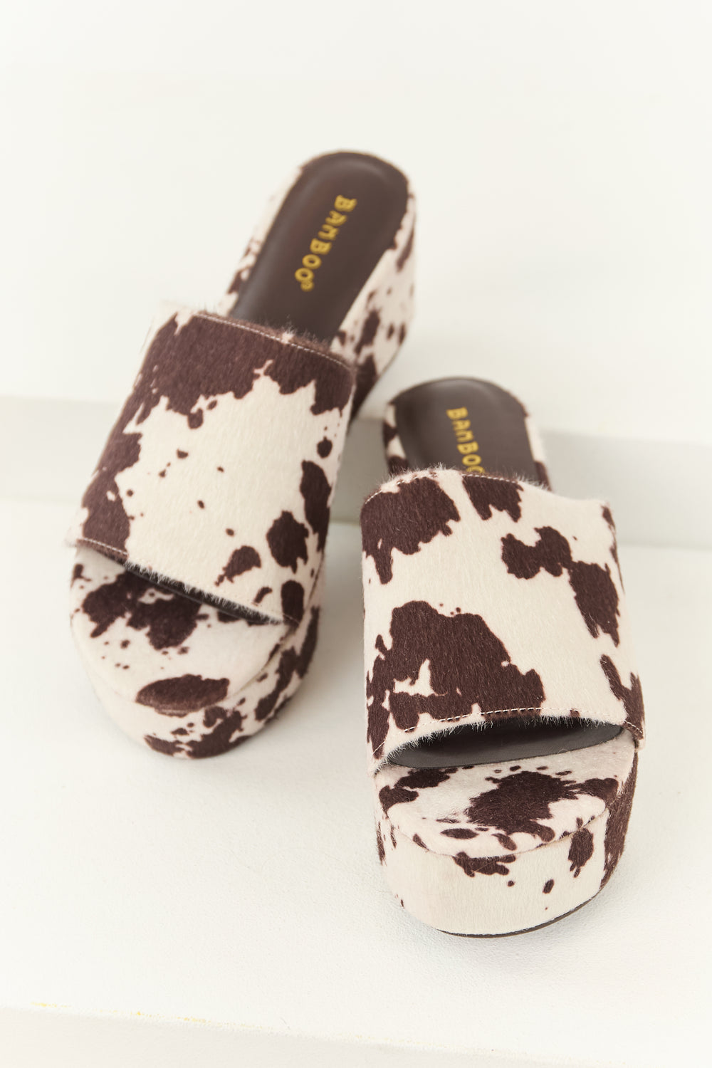 Cocoa Faux Fur Cow Print Slip On Open Toe Wedges | Lime Lush Boutique