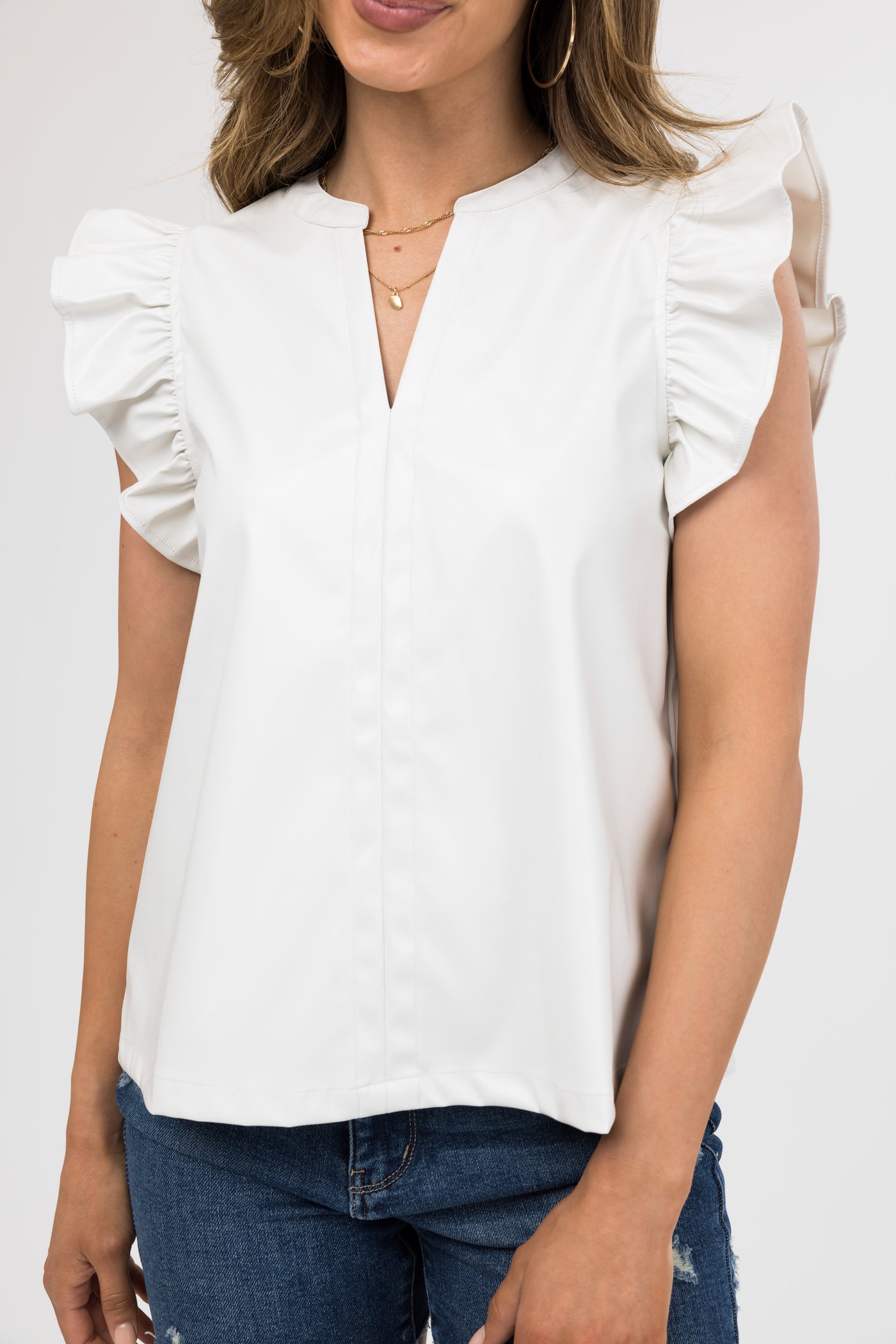 Coconut Faux Leather Ruffle Shoulder Blouse | Lime Lush Boutique