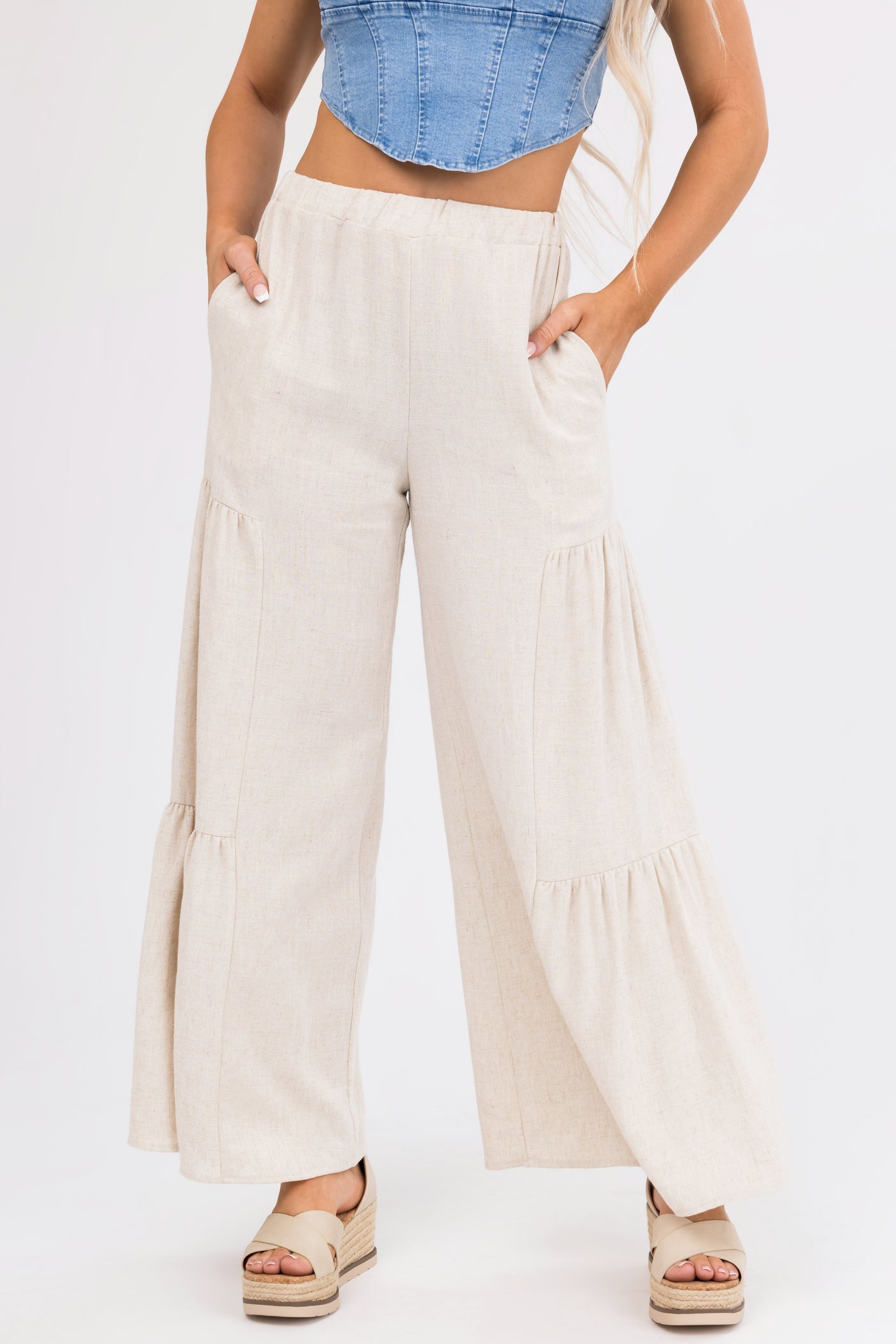 Coconut Wide Leg Side Ruffle Detail Linen Pants | Lime Lush