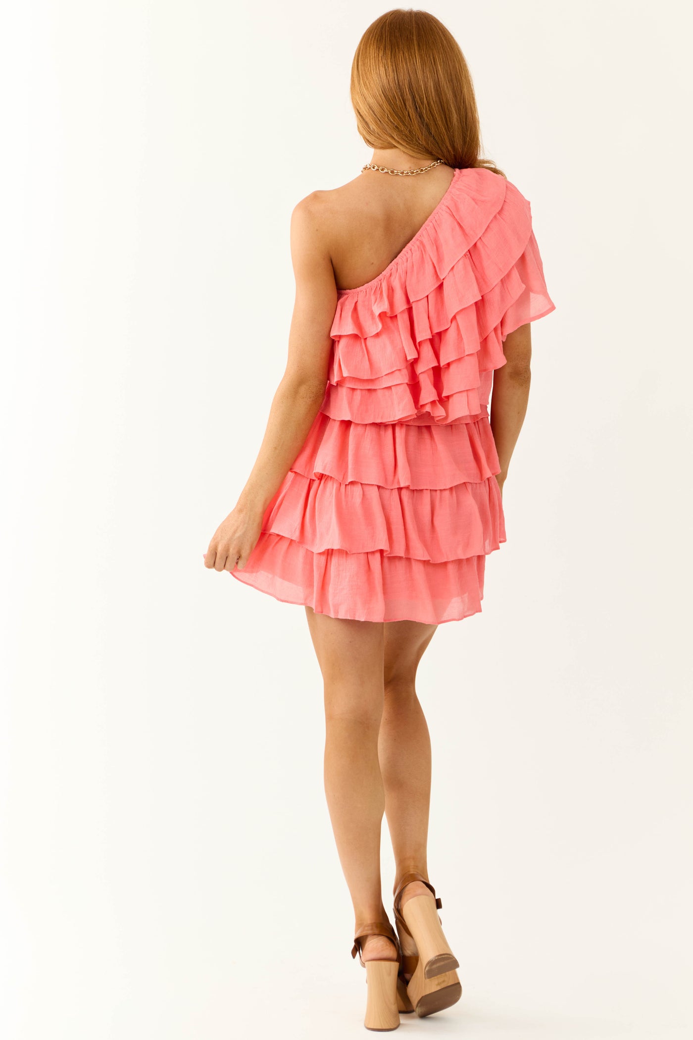 Coral One Shoulder Tiered Ruffle Mini Dress | Lime Lush