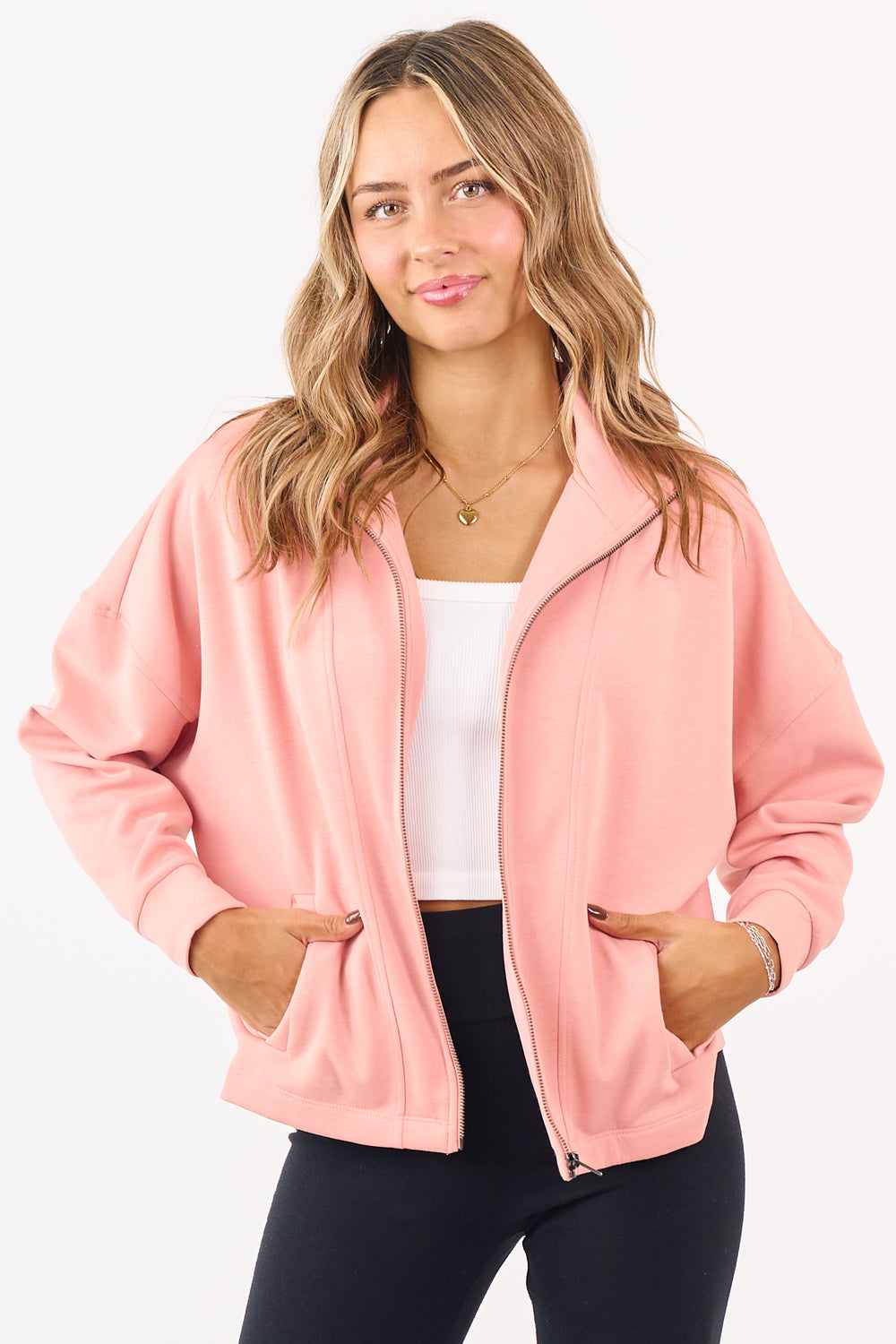 Coral Soft Scuba Knit Mock Neck Zip Up Jacket | Lime Lush Boutique