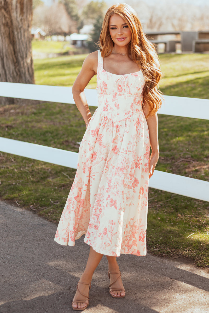 Coral Linen Blend Floral Print Sleeveless Midi Dress | Lime Lush Boutique