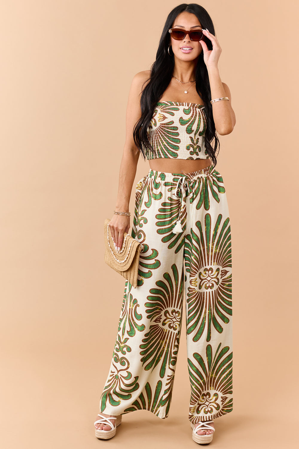 Cream Abstract Print Strapless Top and Pants Set | Lime Lush Boutique