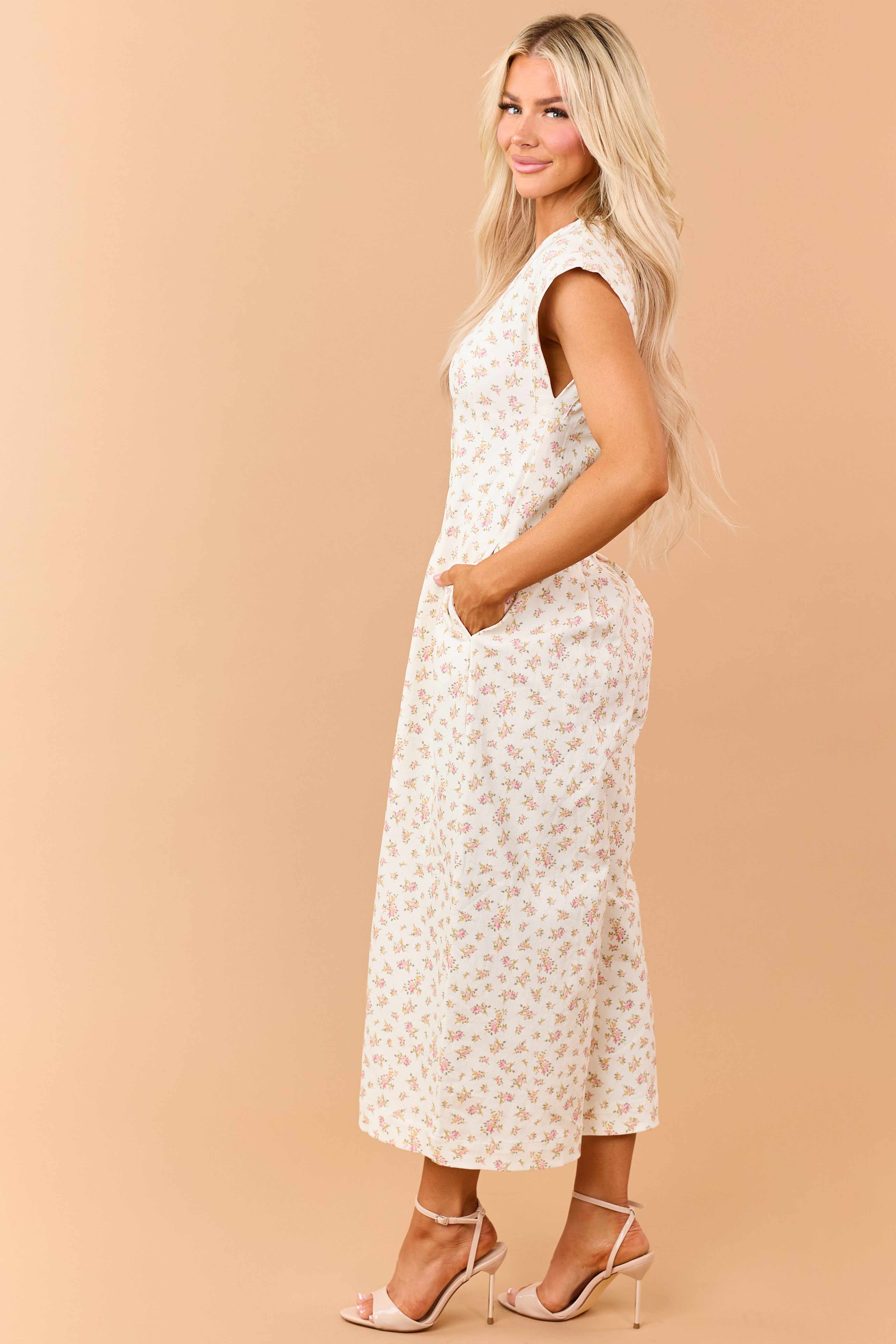 Cream Floral Print Twill Denim Button Down Jumpsuit | Lime Lush Boutique