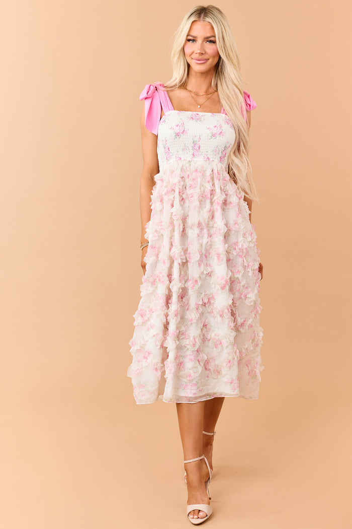 Cream Floral Smocked Bodice Ruffle Skirt Midi Dress | Lime Lush Boutique