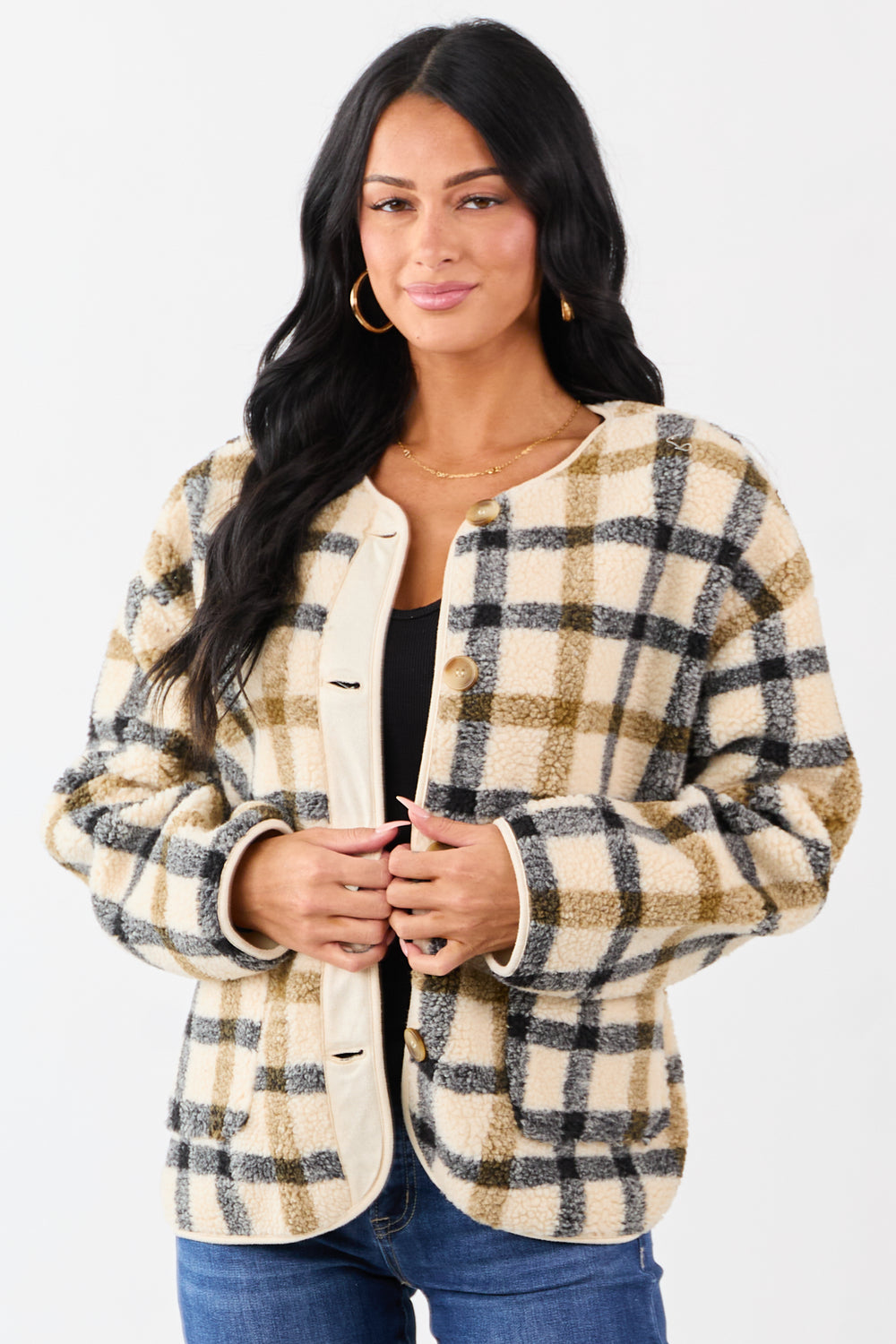 Cream Plaid Sherpa Button Down Teddy Jacket | Lime Lush Boutique