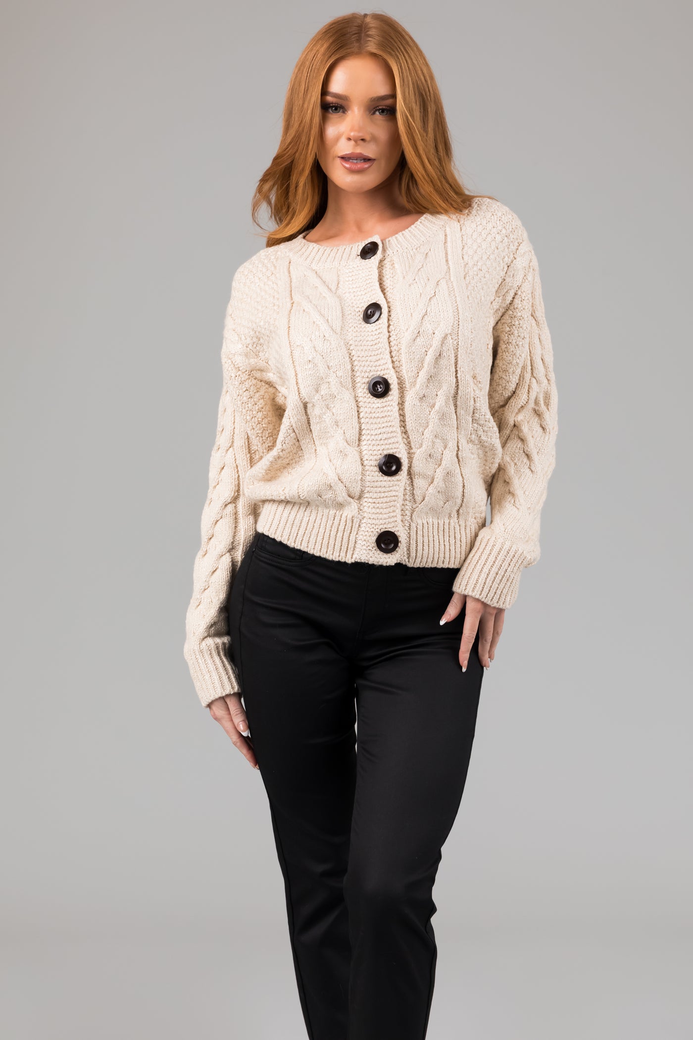 Cream Thick Cable Knit Button Cardigan Lime Lush Boutique