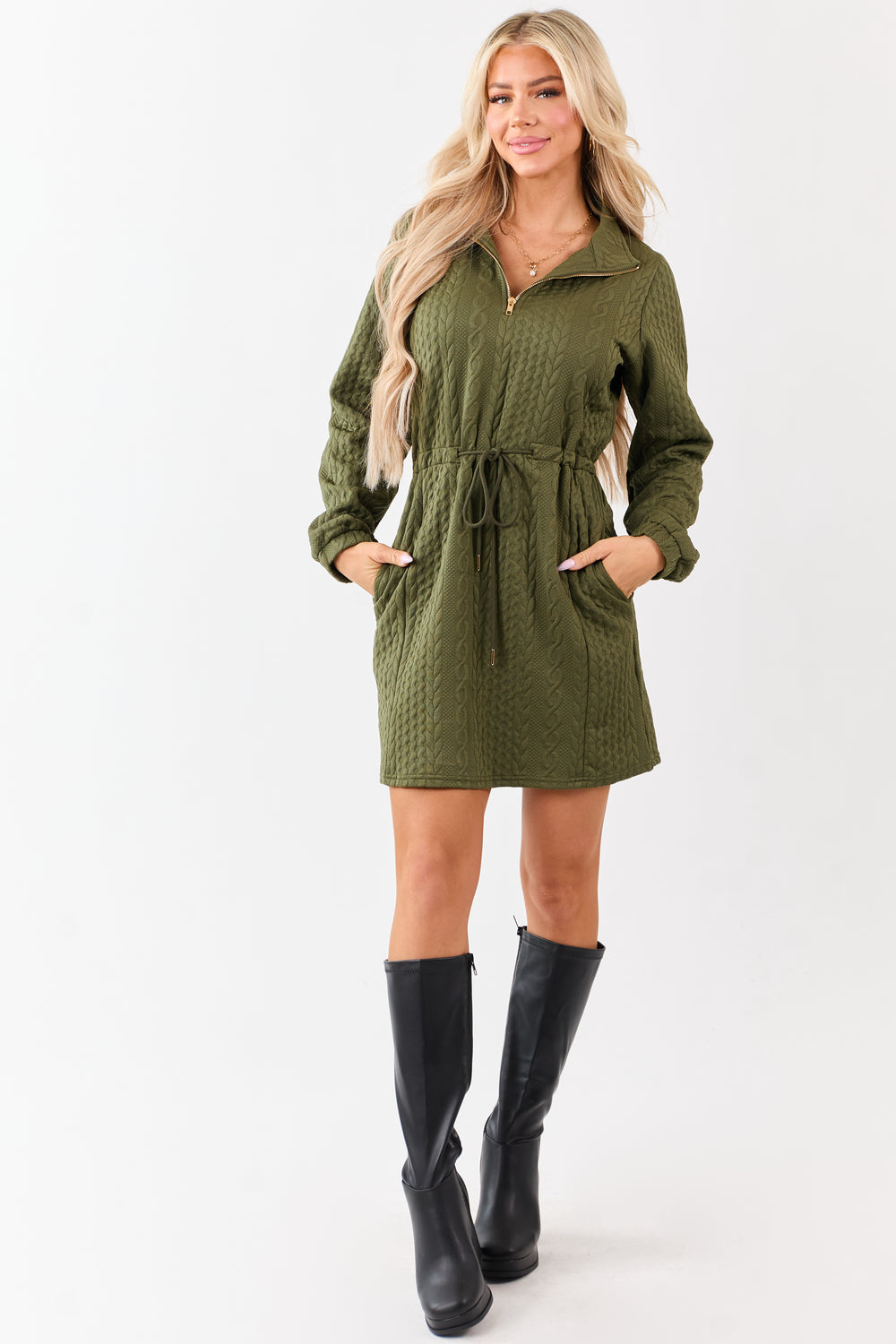 Dark Olive Cable Knit Quarter Zip Mini Dress | Lime Lush Boutique