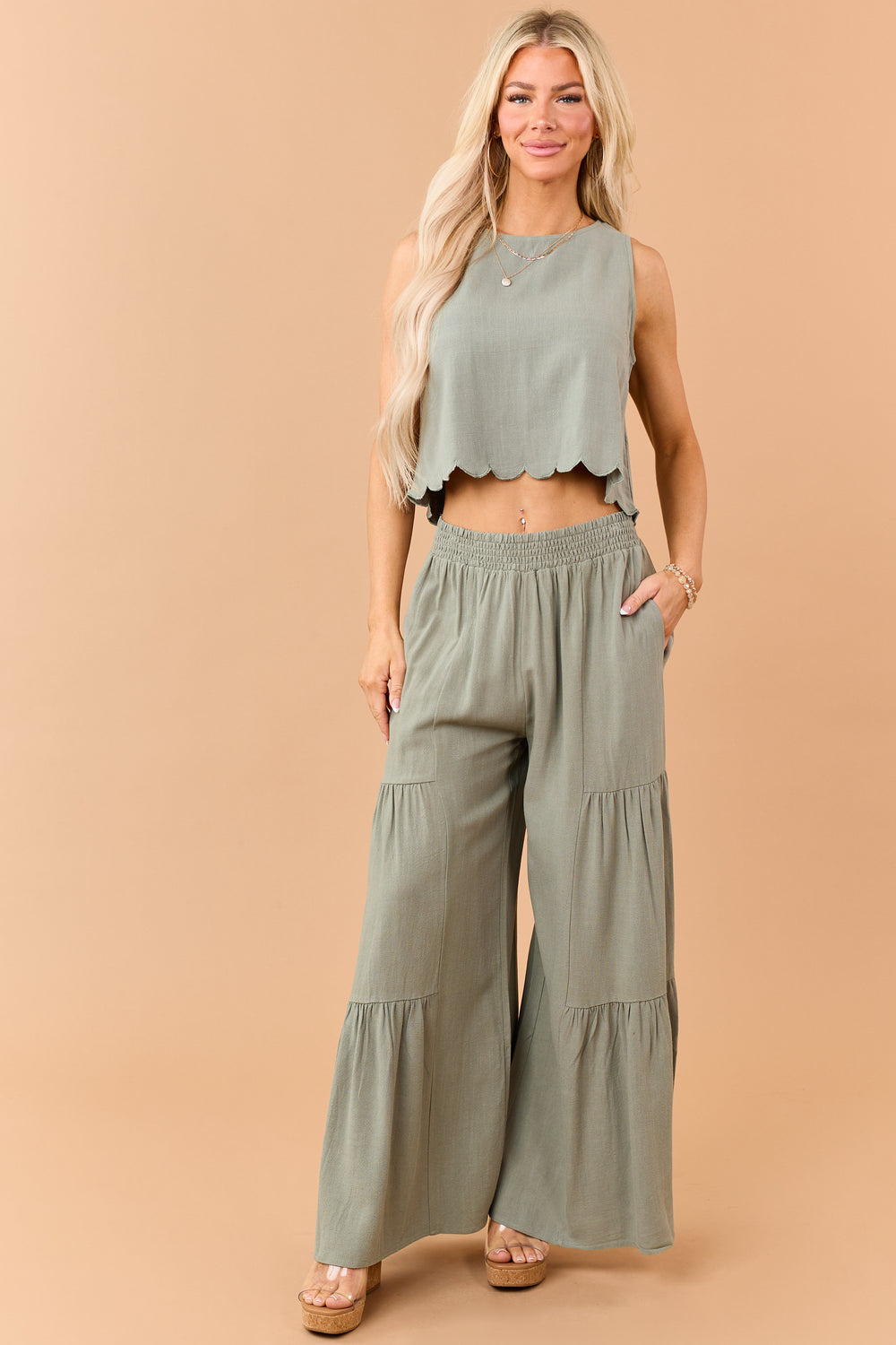 Dark Sage Linen Blend Flowy Wide Leg Pants | Lime Lush Boutique
