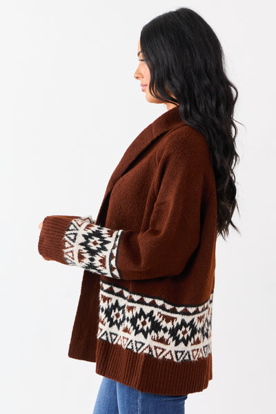 Dark Spice Aztec Pattern Open Front Knit Cardigan | Lime Lush Boutique