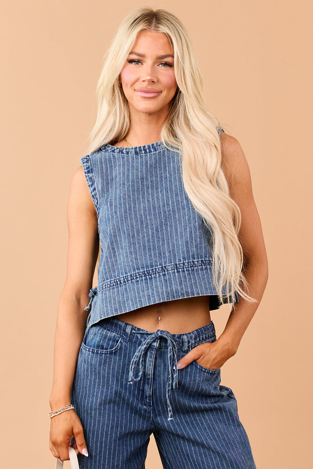 Dark Wash Denim Side Tie Striped Crop Tank Top | Lime Lush Boutique