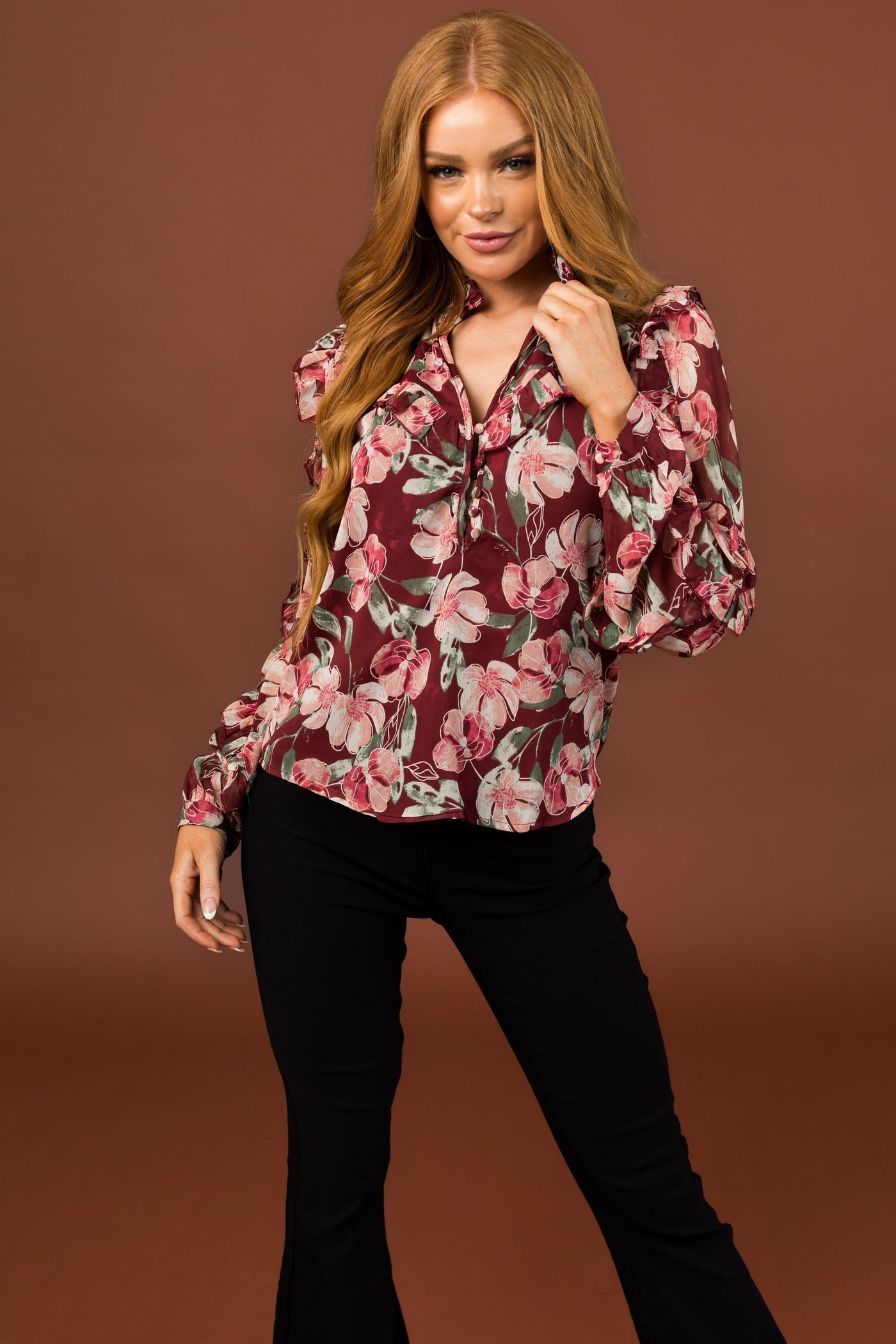 Deep Wine Floral Print Long Sleeve Blouse | Lime Lush