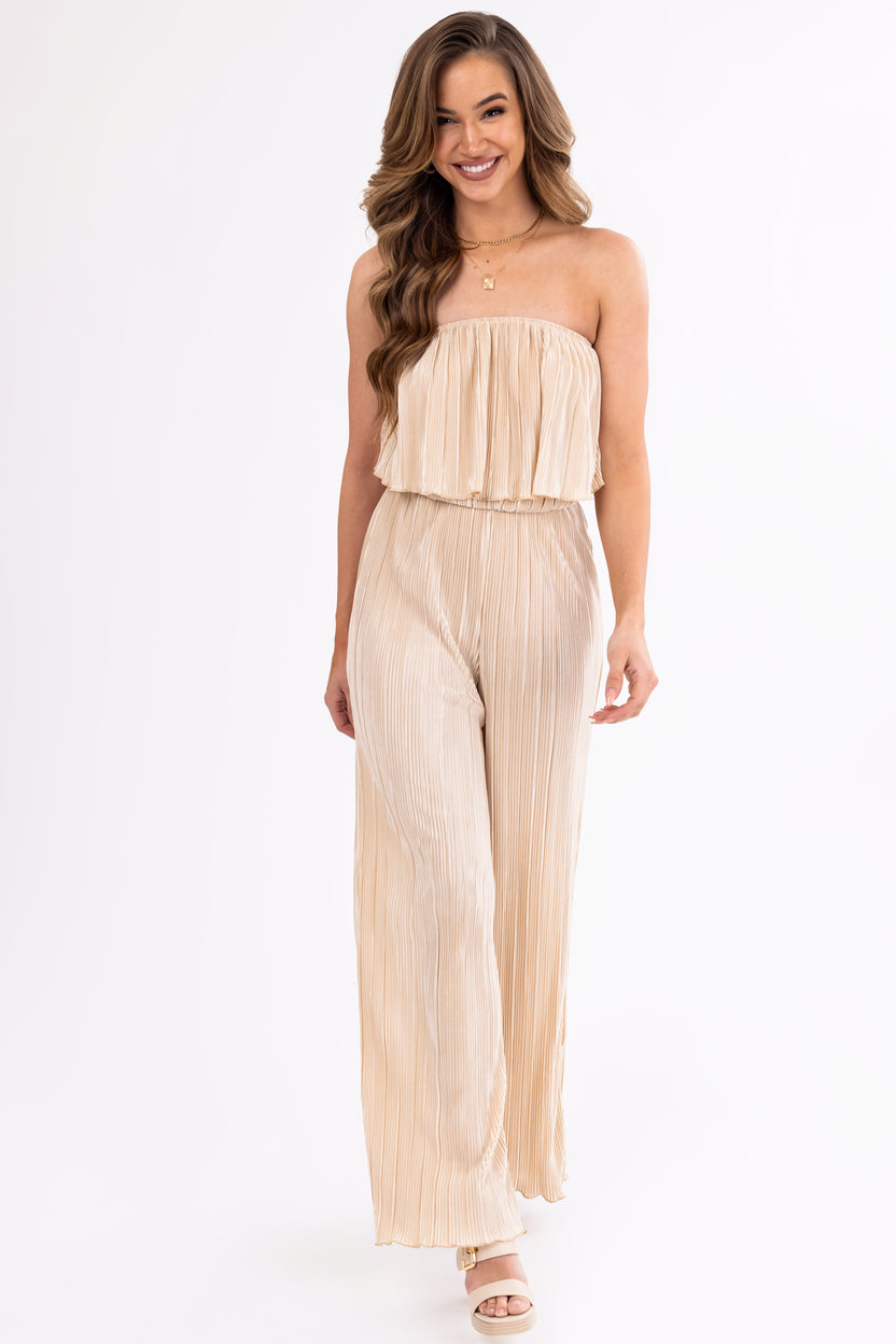 Desert Sand Pleated Sleeveless Overlay Jumpsuit | Lime Lush
