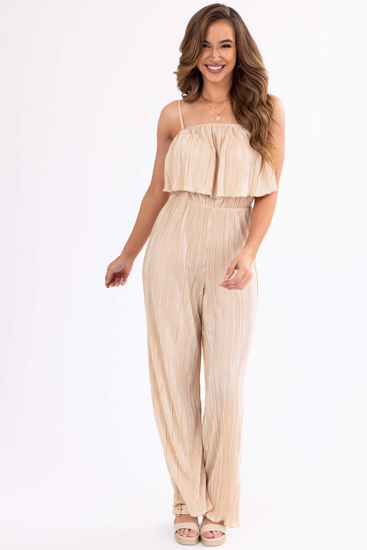 Desert Sand Pleated Sleeveless Overlay Jumpsuit | Lime Lush Boutique